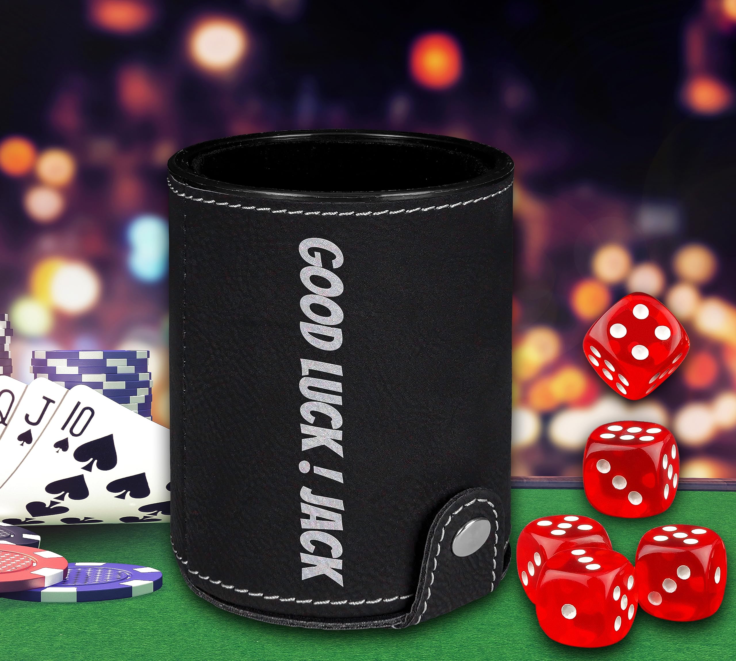 Personalized Set of Dice Cup with Storage Compartment Customized PU Leather Dice Cup with 5 Red Dice Custom Gift (Rustic/Gold)
