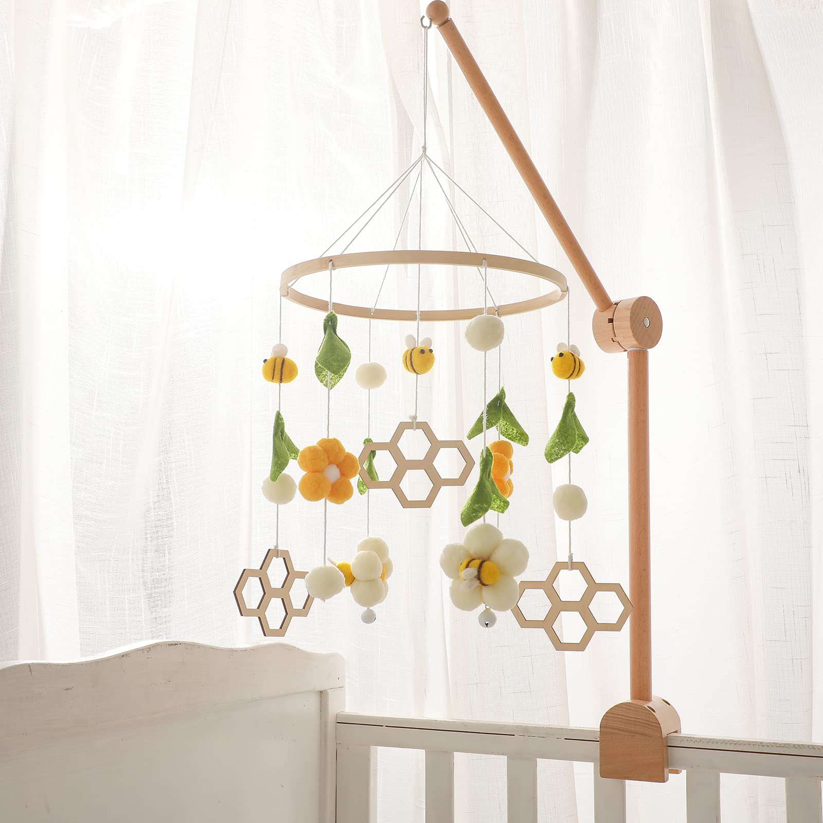 Baby Crib Mobile for Boys Girls/Bees Nursery Mobile/Nursery Cot Mobile/Gender Neutral Felt Ball Mobile/Ceiling Mobile