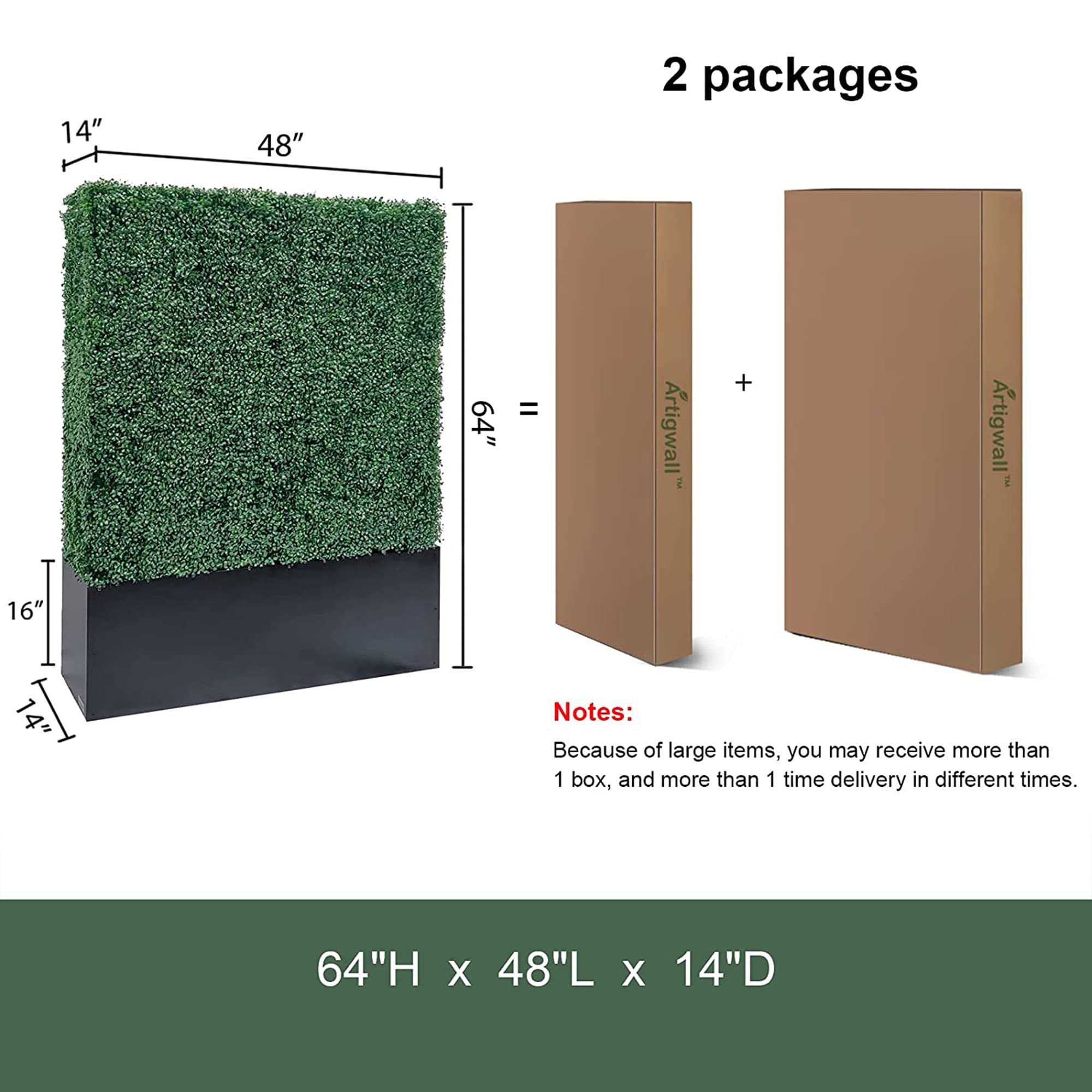 Artigwall Artificial Boxwood Hedge Dividing Wall with Black Stainless Steel Planter Box and Hardware for Home, Patio, Deck, or Office, 64" Hx48 Wx14 D