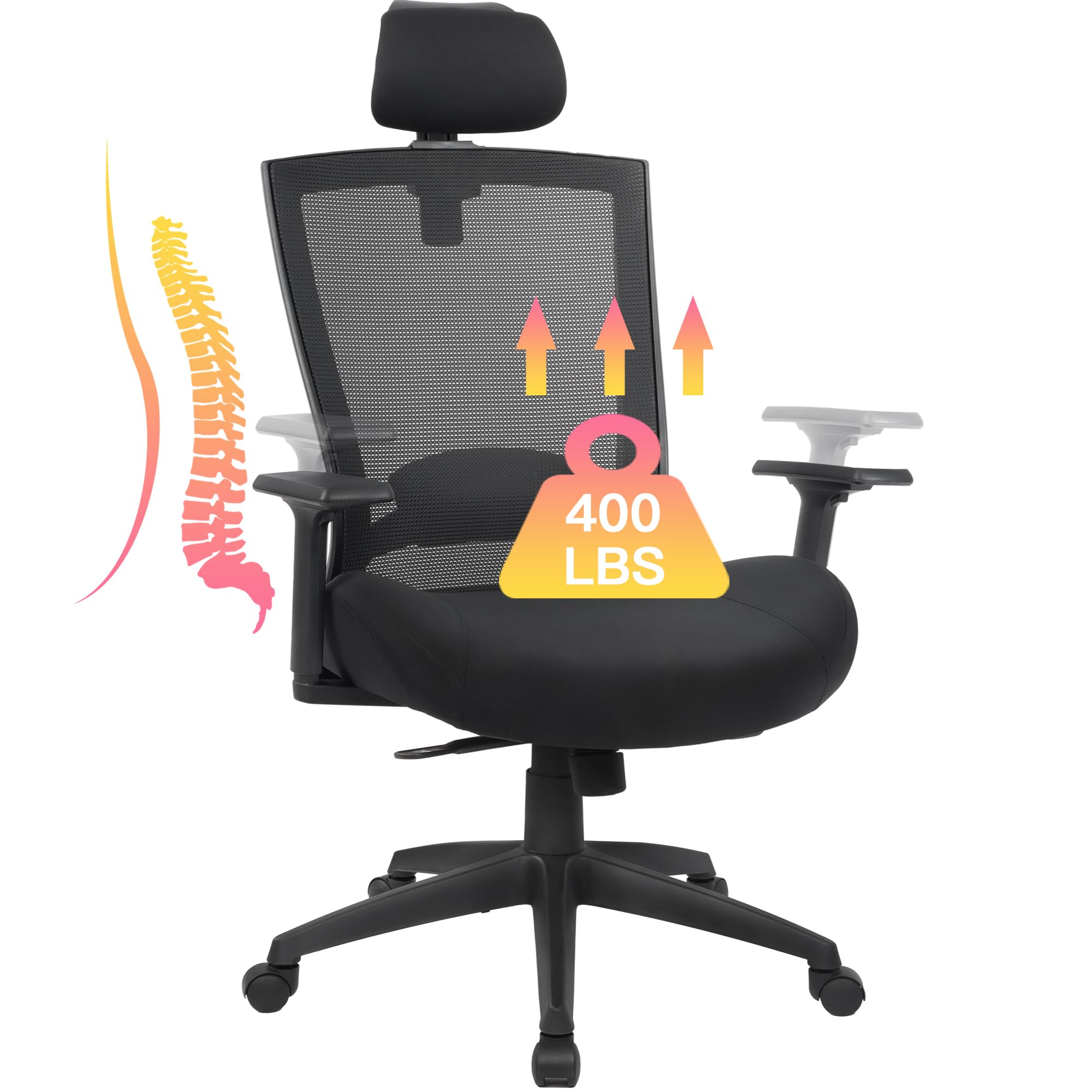 Ergonomic Office Chair for Big and Tall People Computer Desk Chair with Adjustable Headrest, Lumbar Support and Armrests, Mesh Rolling Chair for Study and Work, Heavy Duty 400lb, Black