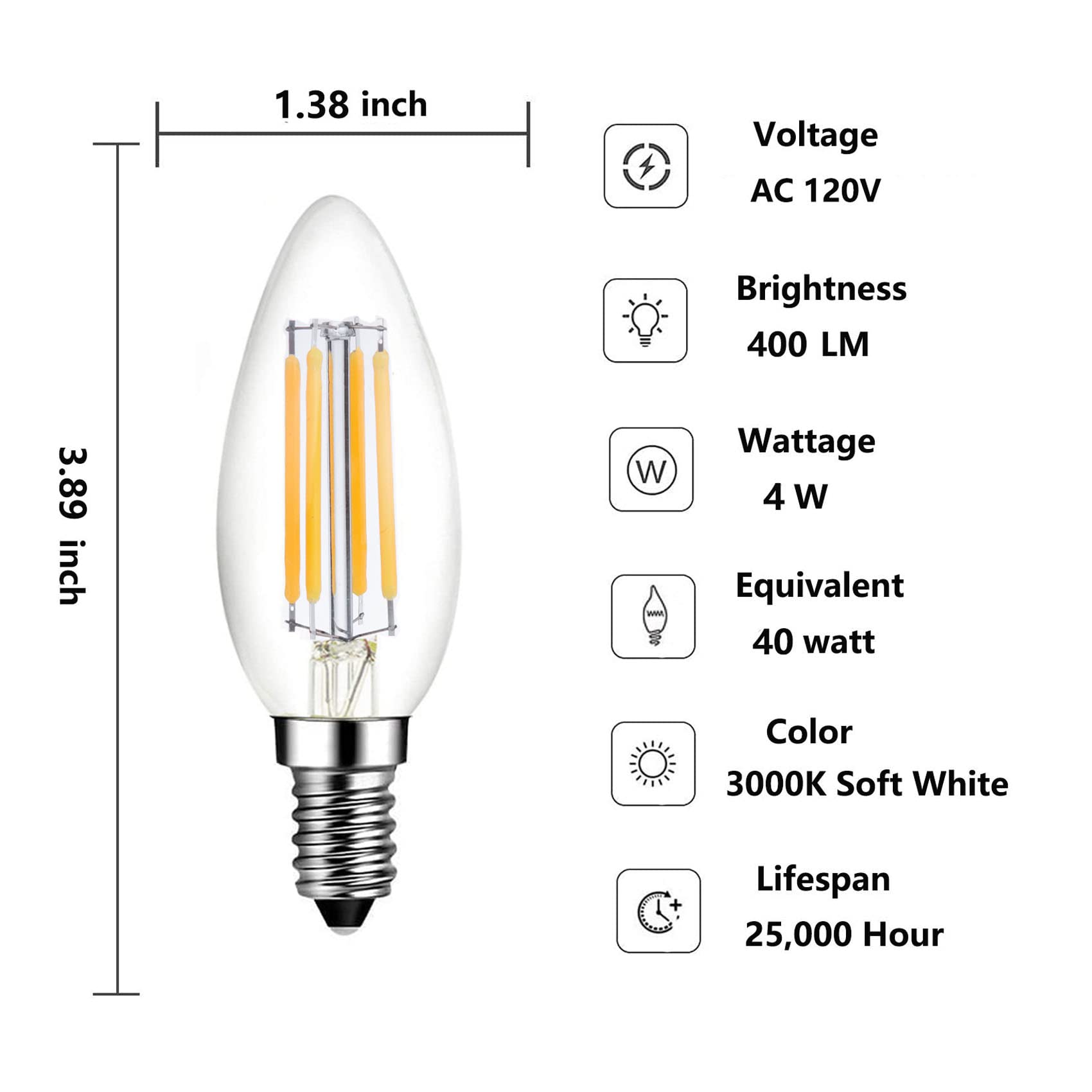 E14 LED Bulb Dimmable 40W Equivalent 3000K Soft White, E14 European Candelabra Base Light Bulbs, Clear Glass Torpedo Shape, 6 Pack