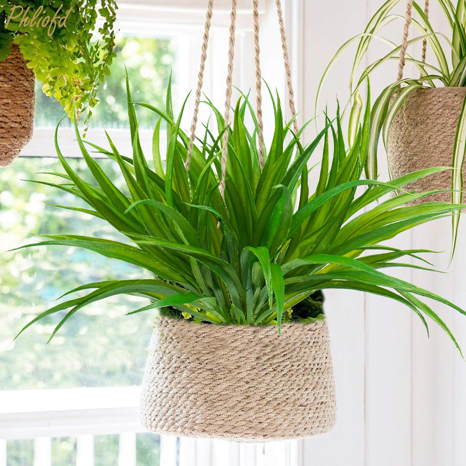 Phliofd 6Pcs Artificial Grass Fake Plants 17.3in 16 Leaves Outdoor Fake Grass UV Resistant Greenery Plastic Plants for Home Window Garden Office Patio Hanging Planter Pathway Front Porch Décor