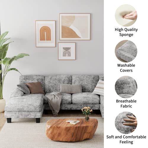 Flamaker Convertible Sectional Sofa Couch, Modern Fabric U-Shaped Living Room Furniture Set, 4-Seat Sectional Sleeper Sofa with Double Chaise & Memory Foam (Grey)