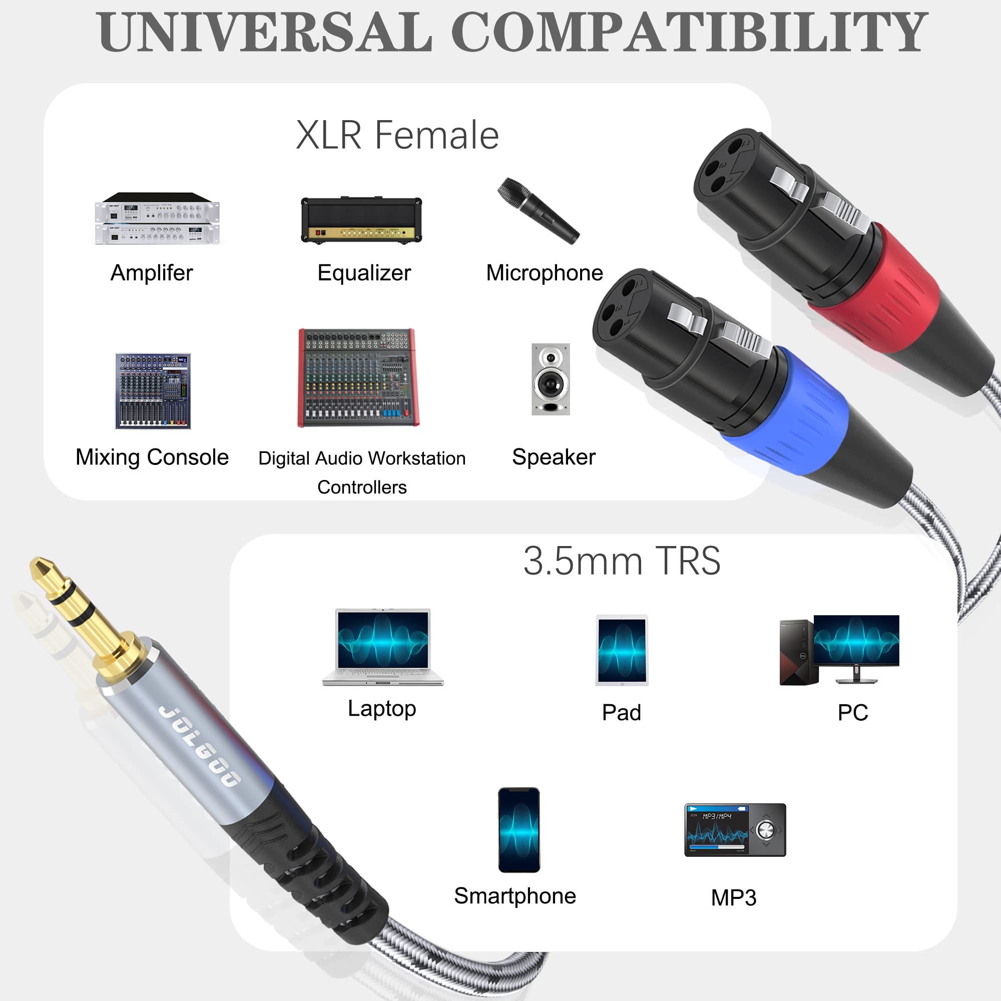 JOLGOO Dual XLR Female to 3.5 mm TRS Stereo Microphone Cable, 2 XLR Female to 1/8 inch TRS Stereo Y Splitter Patch Cable, 10 Feet