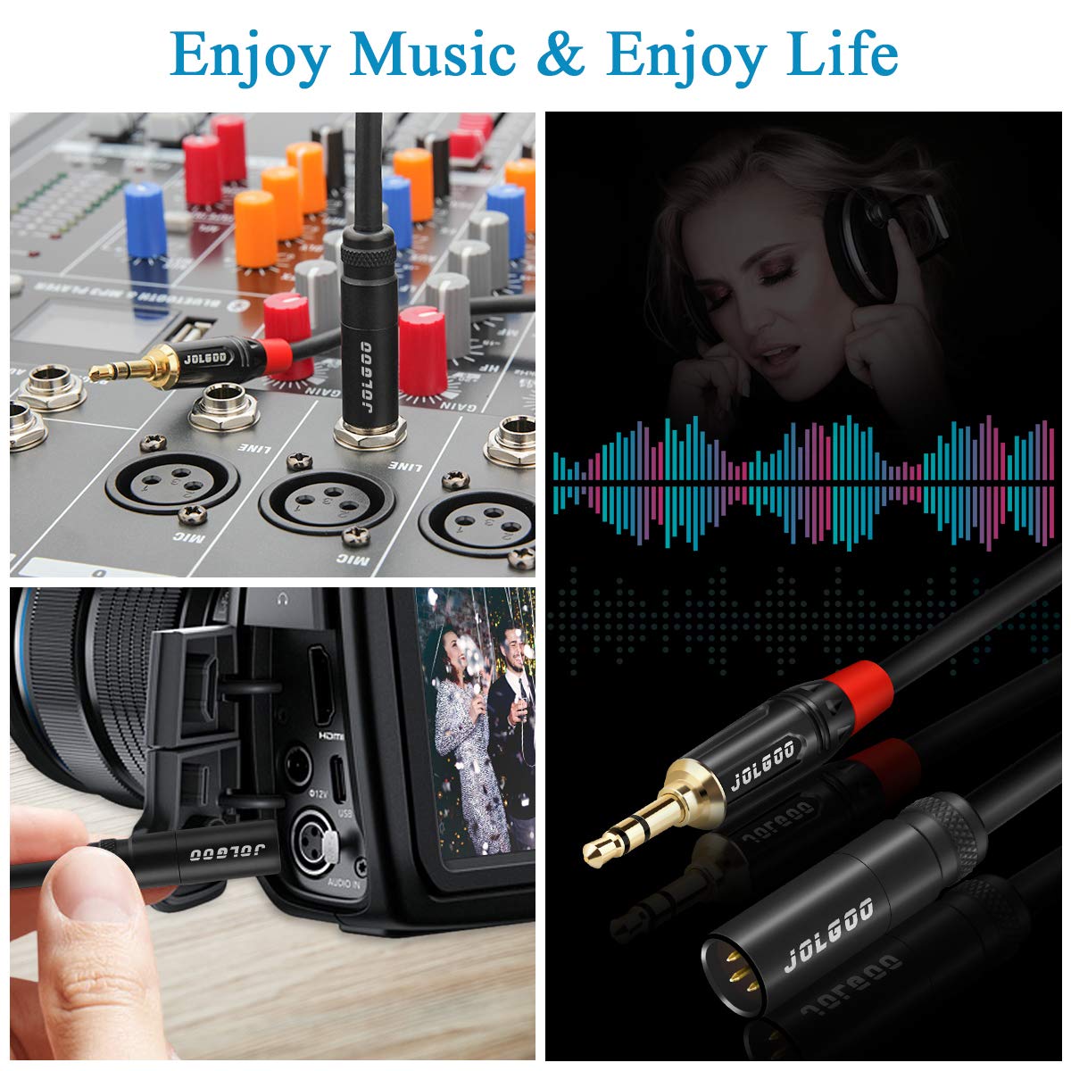 JOLGOO Mini XLR Male to 3.5mm Stereo Audio Plug Cable, 3-pin Mini XLR Male to 1/8" TRS Plug Cable, for BMPCC 4K Camera Video Assist 4K Sharp 8K, 6.6 Feet