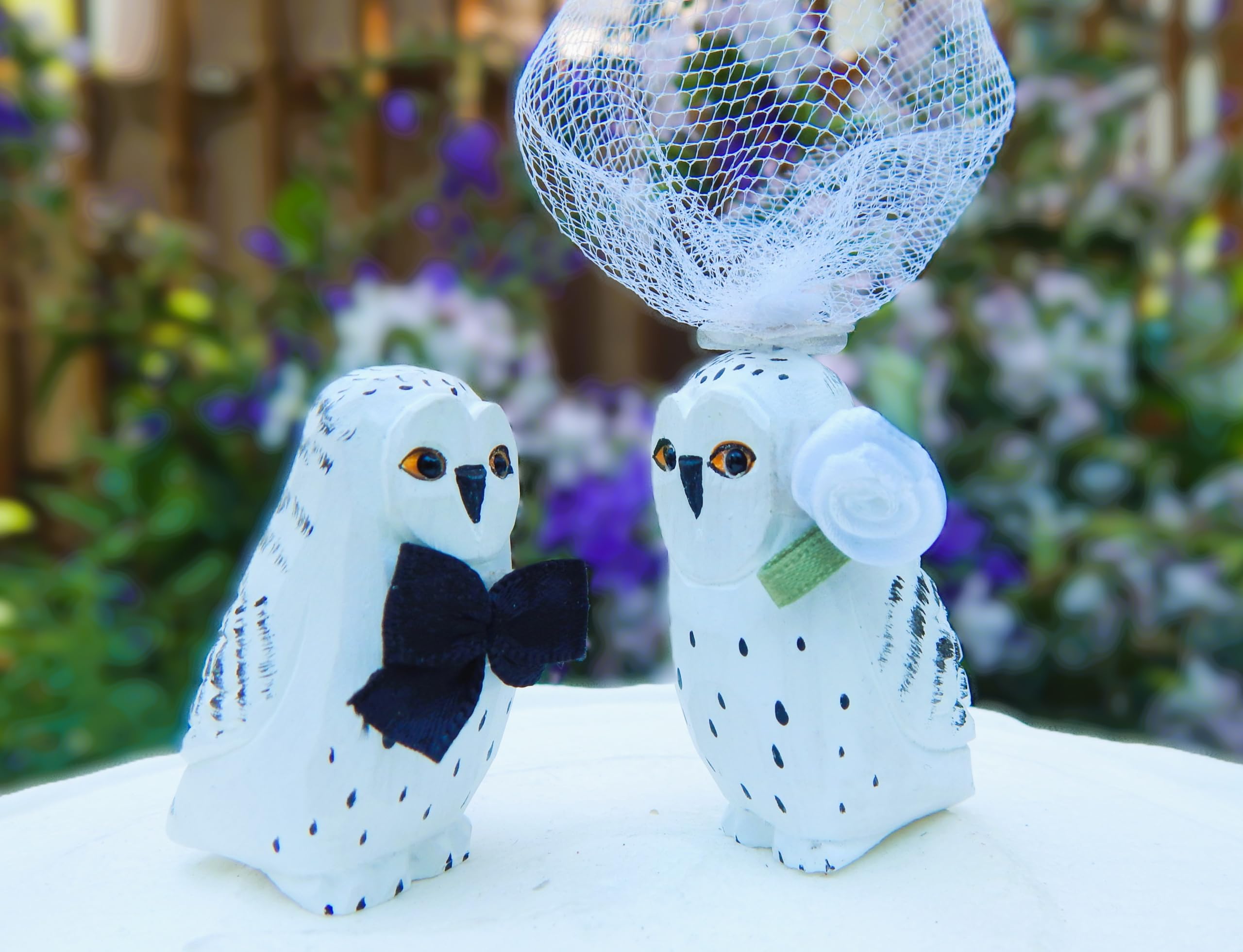 Snow Owl White Birds Cake Topper Bride & Groom Wedding Engagement Anniversary Carved Wood Statue