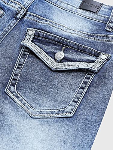 Flamingals Butt Lifting Jeans for Women Trendy Tummy Control Jeans Stretch Mid Waist Boot Cut Jeans Raw Hem Denim Pants A-Mid Blue-Raw Hem L