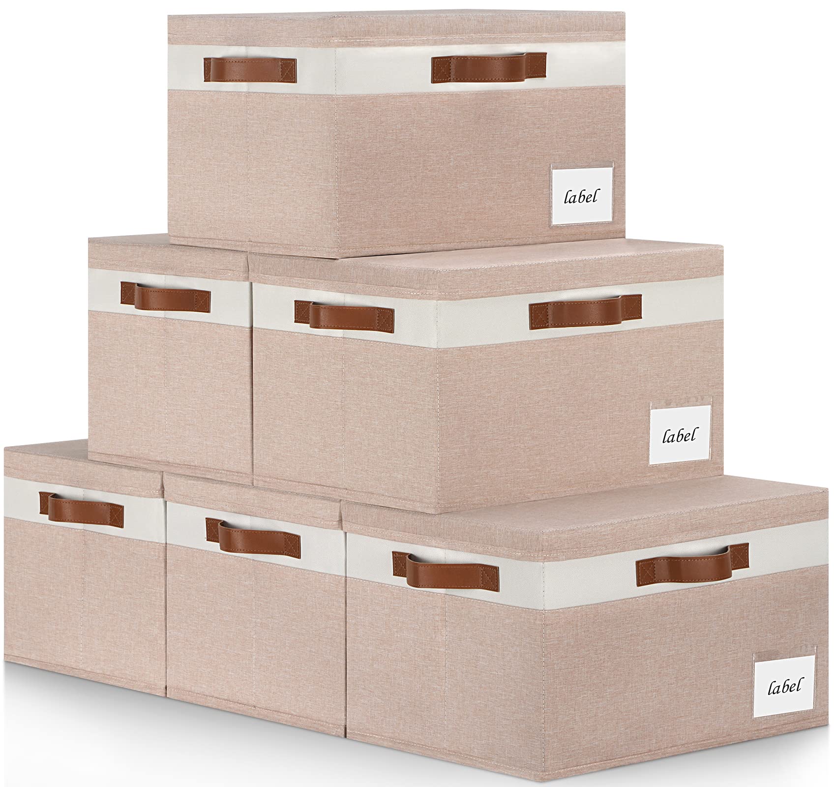 PFFVRP Large Storage Bins with Lids, Foldable Fabric Storage Baskets with Lids, Sturdy Storage Boxes with Labels and 3 PU Handles for Closet Home Bedroom Office (26L, Pink&White)