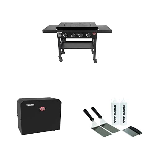 Char-Griller 8036 Flat Iron 4 Burner Outdoor Griddle Gas Grill with Lid + Grill Cover + Griddle Accessory Kit Bundle