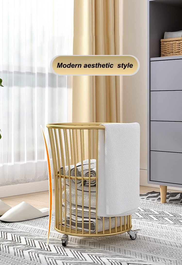 Rolling Laundry Hamper with Wheels,Metal Cart Basket Clothes Storage Organization Bin for Living Room,Bathroom,Bedroom or Kids Bedroom,Gold