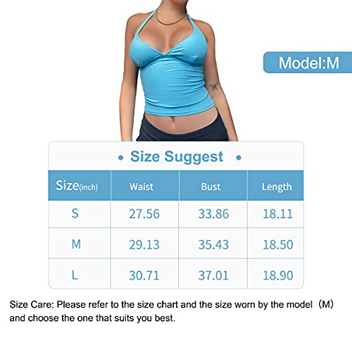 DREAM SLIM Women's Tie Back Halter Crop Top Sexy Deep V Neck Sleeveless Tie Back Camisole Casual Workout Tank Tops (Blue, S)