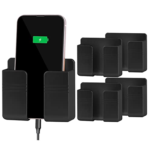 KEPEHE 4 Pcs Phone Holder Wall Mounted, Phone Stand with Data Cable Receiving Hole/Self Adhesive.Phone Holder for Shower/Charging.Compatible with iPhone and Android (Black)