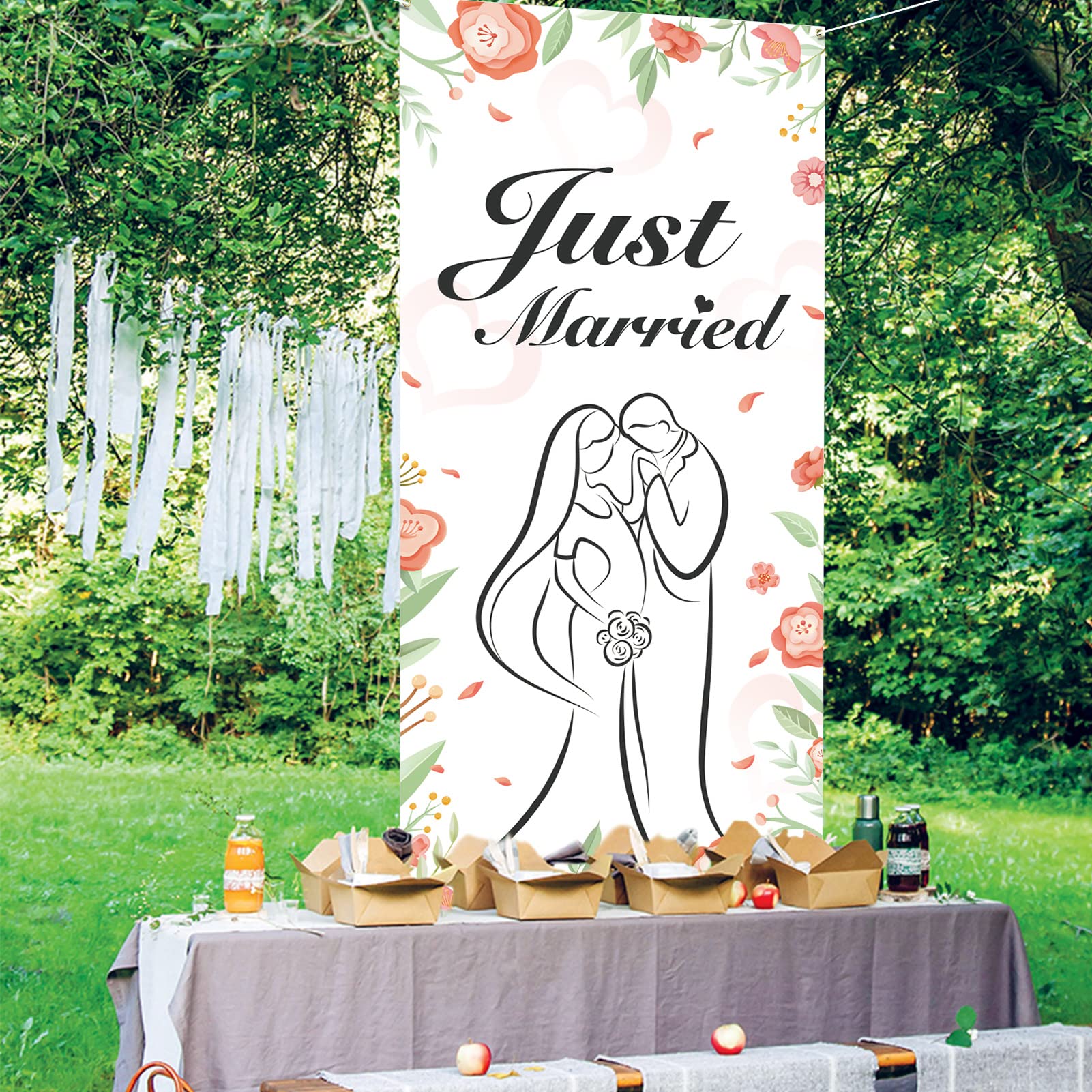 DPKOW Pink White Just Married Banner (6x3 feet) - Premium Wedding Engagement Party Decoration, Bridal Shower Door Cover, Romantic Rose Design, Tear Resistant, Reusable
