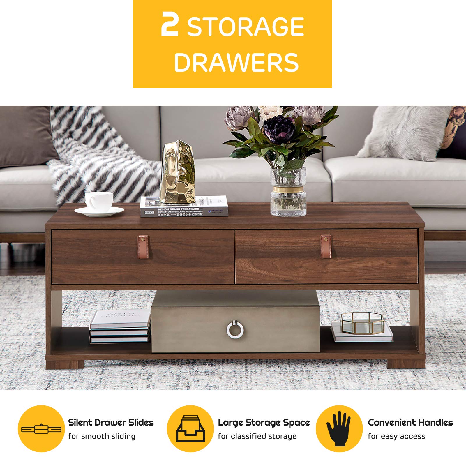 Tangkula Coffee Table with Drawers, Industrial Accent Cocktail Table with 2 Drawers & Open Storage Shelf, Wooden Rectangular Sofa Table for Living Room Home Office (Walnut)