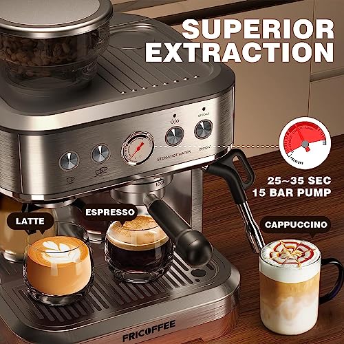 Fricoffee Espresso Machine with Milk Frother, Coffee Espresso Machine with Grinder, Cappuccino Machine Stainless Steel for Home Commercial Use, Gift fot Father Coffee Lovers