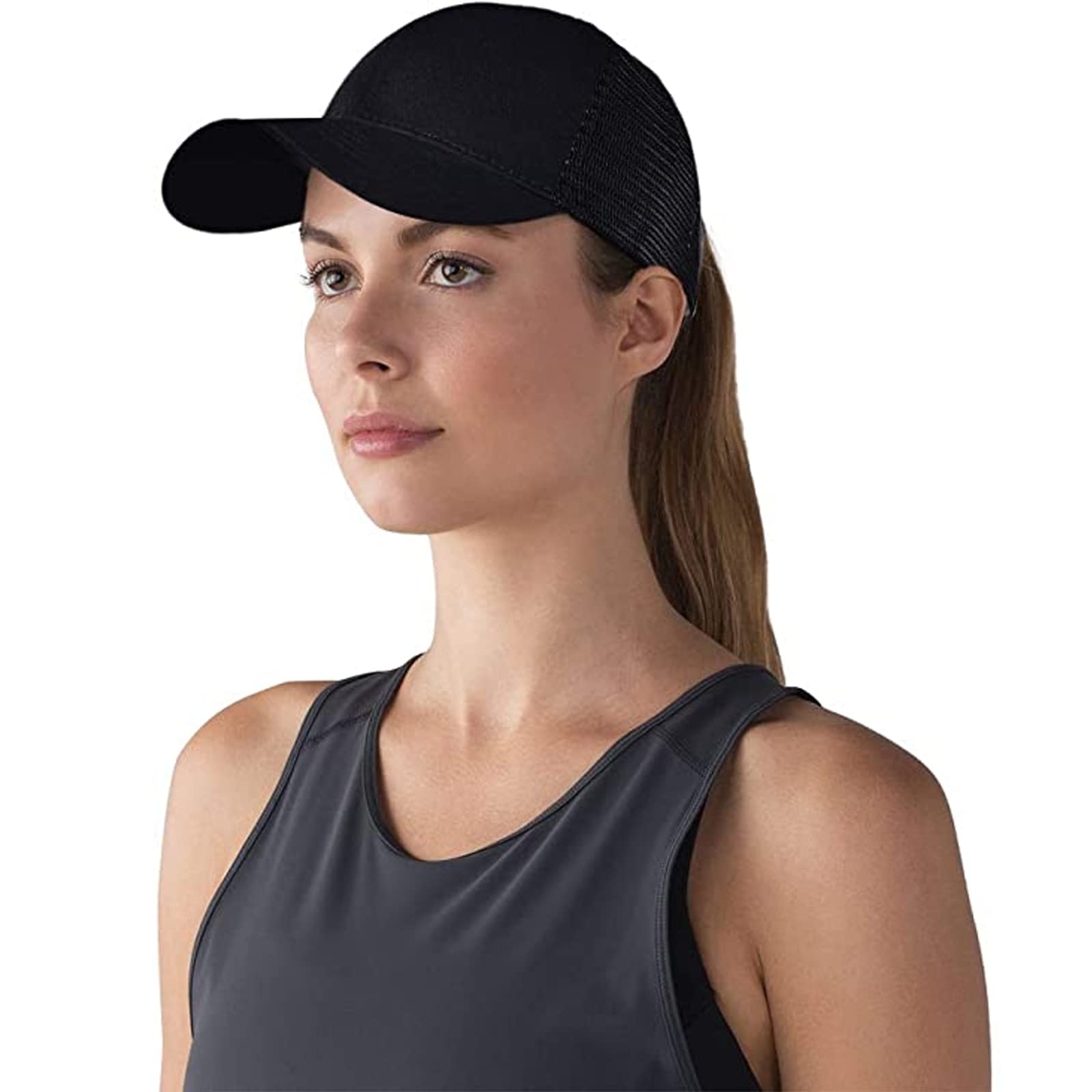 Baseball cap cap for women messy bun cap adjustable cotton ribbon net hole baseball sun cap(black+white