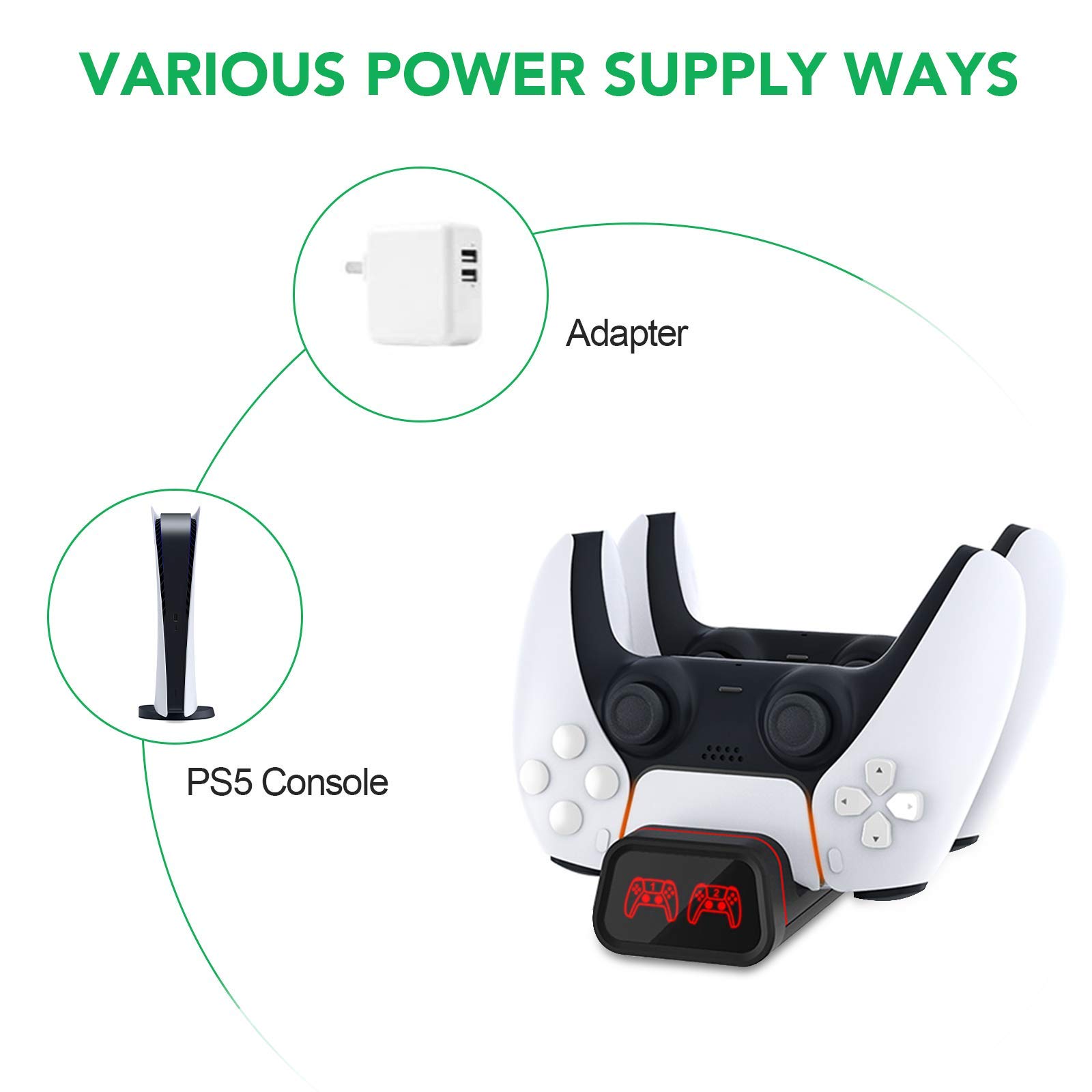 BEJOY Dual Controller Charger for PS5 / Xbox Series S & X/Nintendo Switch/Xbox Elite 2 Controllers, Multifunctional Charging Station for Playstation 5, Dual USB Fast Charging Dock
