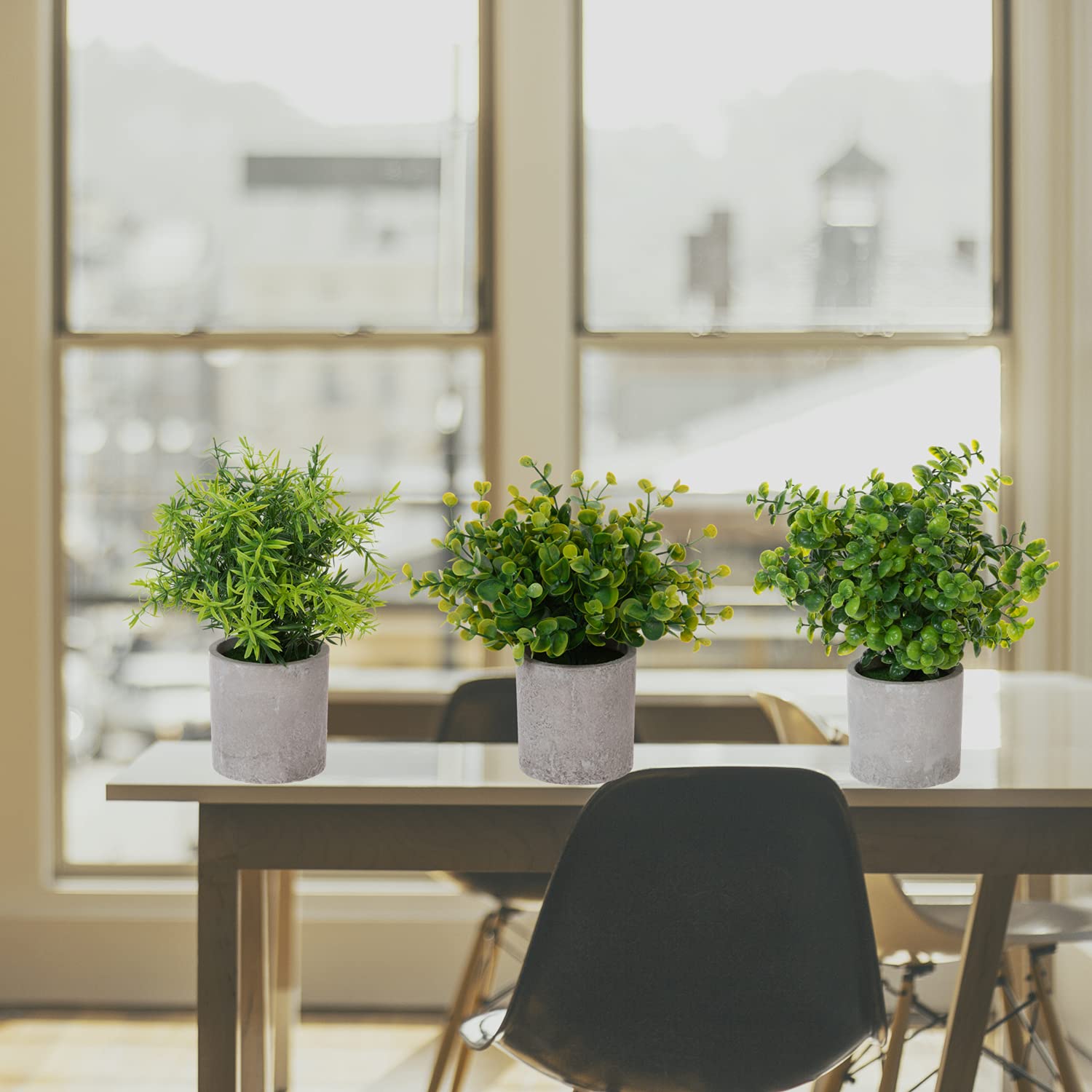 mizii 3 Pack Mini Potted Artificial Plants w/ 3 Plant Hangers,Eucalyptus Rosemary Fake Leaves Green for Indoor Home Room Shelf Kitchen Balcony Garden Wedding Decor