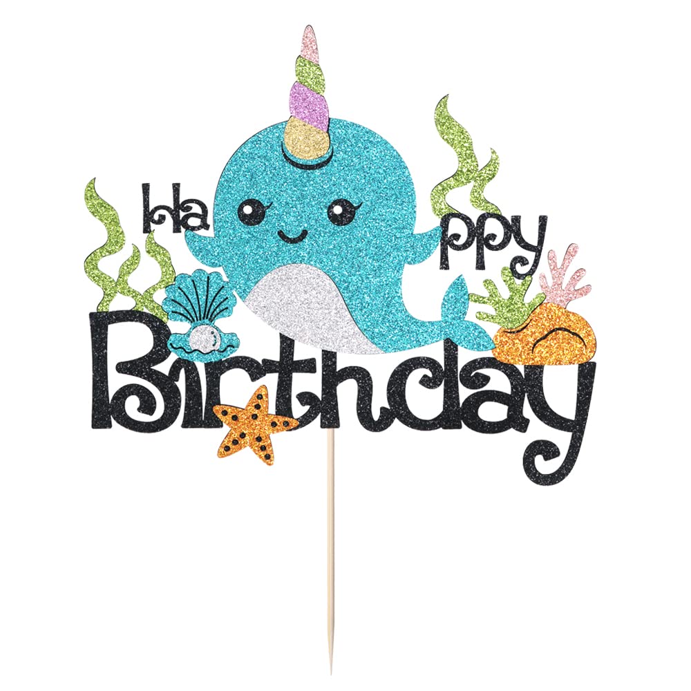 Bekaterea Narwhal Happy Birthday Cake Topper,Narwhal Baby Shower Decorations,Birthday Party Cake Decoration,Ocean Themed Party Cake Decor (blue1)