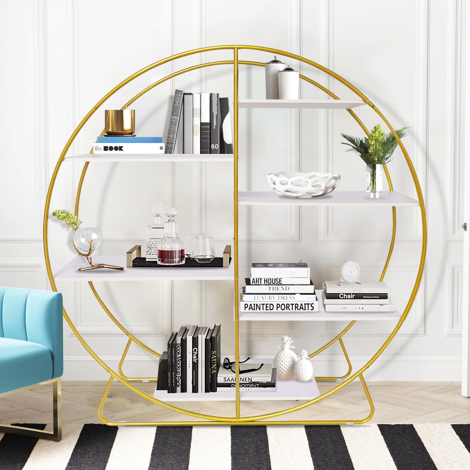 Ciao Stilista 6-Tier Modern Round Bookcase,57“Gold Tall Bookshelf,Book Display Shelf for living Room Office, Freestanding Display Shelf, White and Gold Bookshelf,Decorate Shelf Stand.