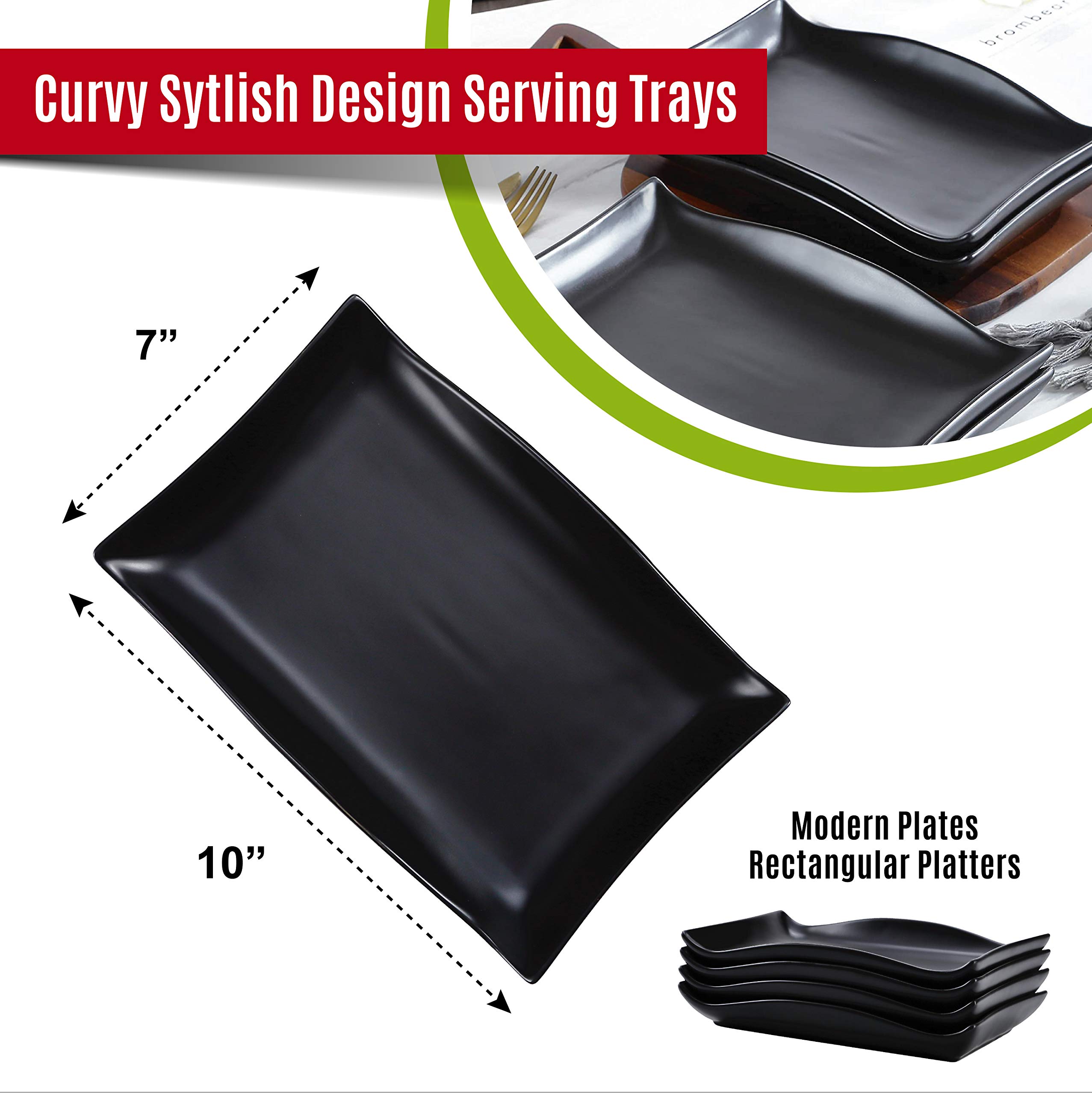 Bruntmor Appetizer Plate Set of 4 Elegant Matte 10"x7" Rectangular Curvy Ceramic Restaurant Christmas Platter | Serving Inner Fluted Dessert Salad Plates, Christmas eve - Black.