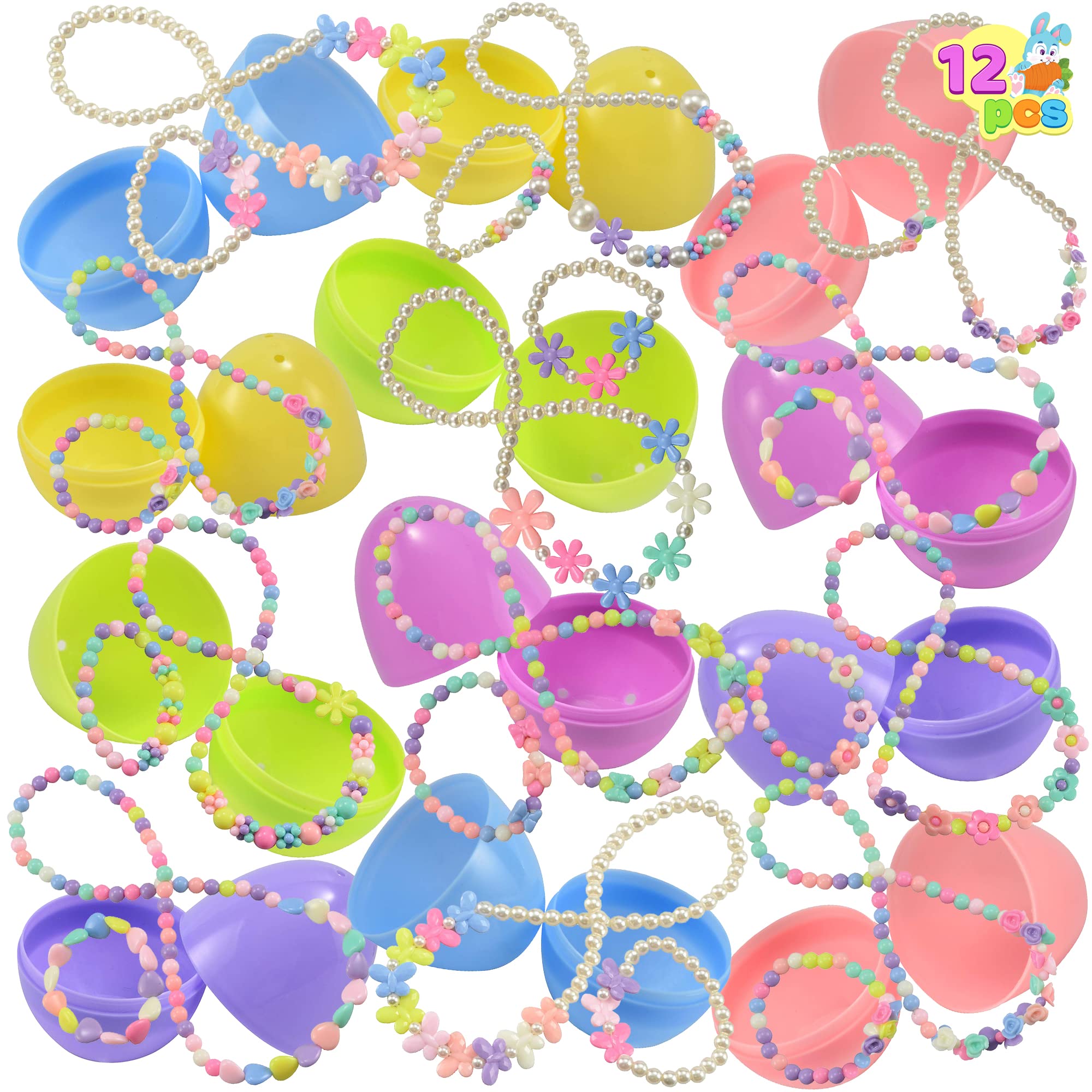 JOYIN 12 Pack Prefilled Easter Eggs with 12 Different Designs of Necklaces and 12 Bracelets Girls Jewelry Set for Girls Easter Party Favor Easter Basket Stuffer Classroom Exchange and Prize Supplies