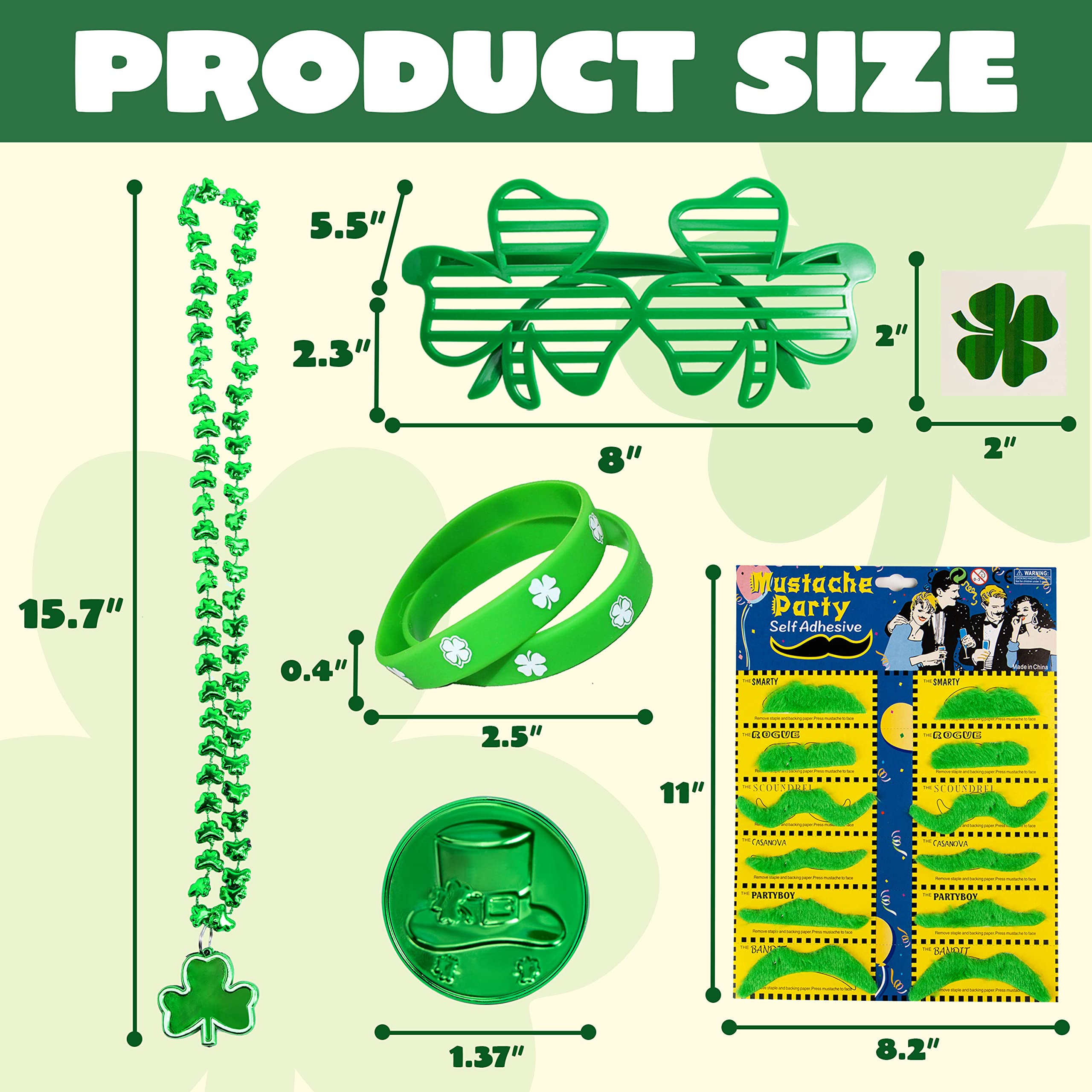 JOYIN 156 Pcs St. Patrick's Day Party Favor Set, 6 Necklaces 6 Eyeglasses 12 Bracelets 72 Temporary Tattoos 12 PCS Mustache 48 Plastic Coins St Patricks Day Accessories