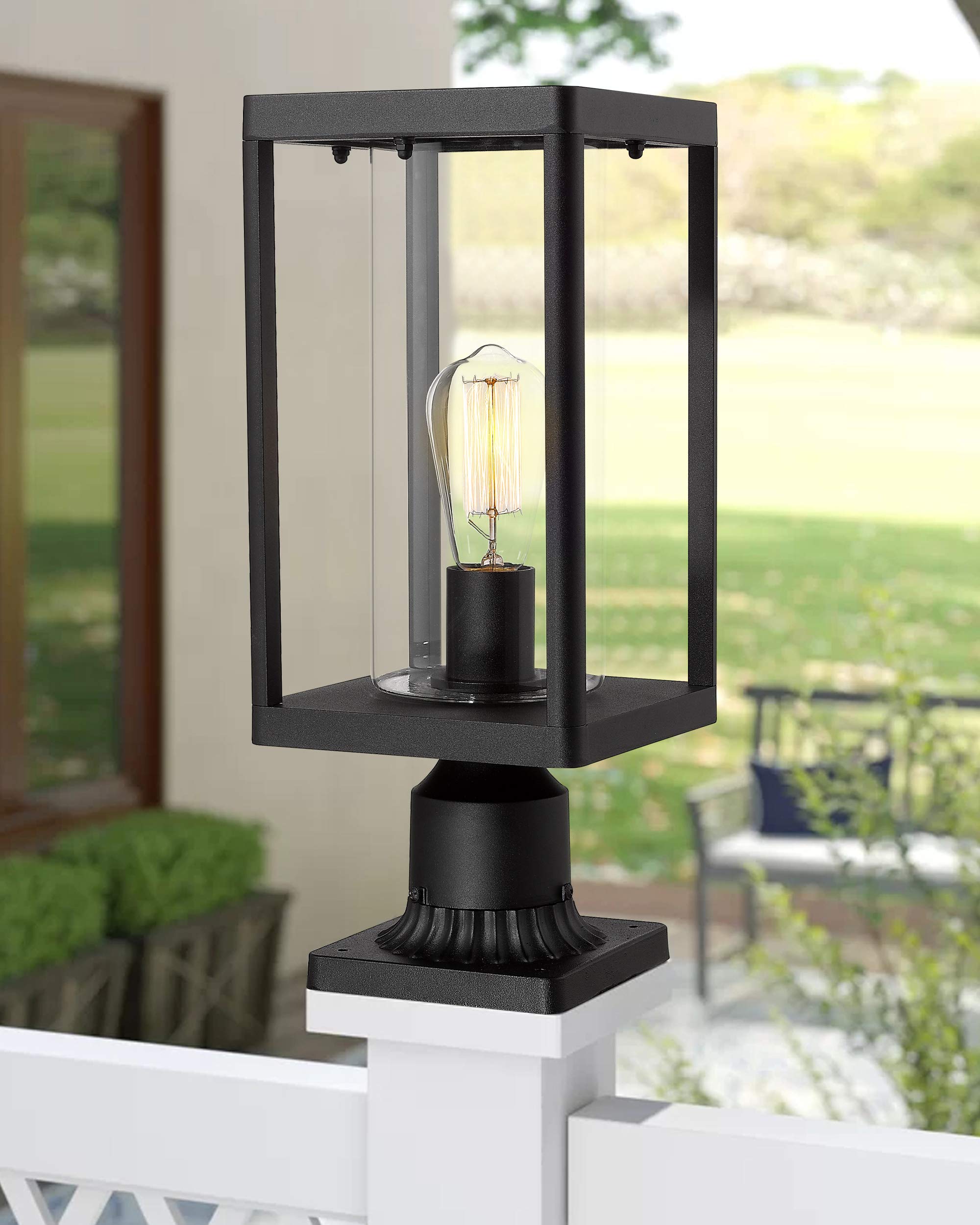 Beionxii Outdoor Post Lantern, 20inch Large Modern Lamp Post Light Fixture Exterior Pillar Lights with Pier Mount Base, Black Cast Aluminum w/Clear Cylinder Glass - A291P-2PK