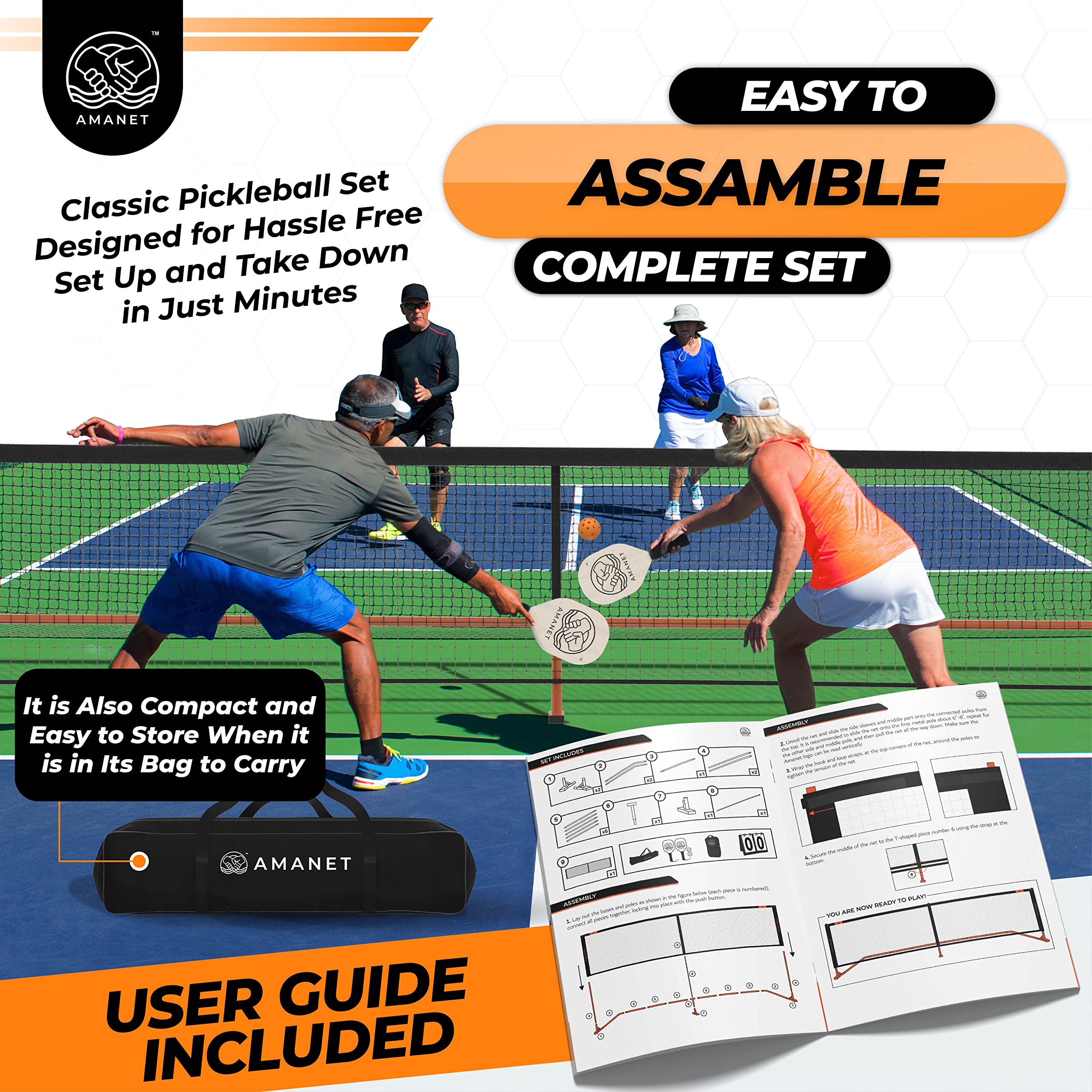 AMANET Portable Pickleball Set with Net System, Official Regulation Size - Includes Net, Detachable Steel Poles, 2 Wooden Paddles, 2 Pickleballs, Paddle Bag, Carry and Storage Bag with Handles