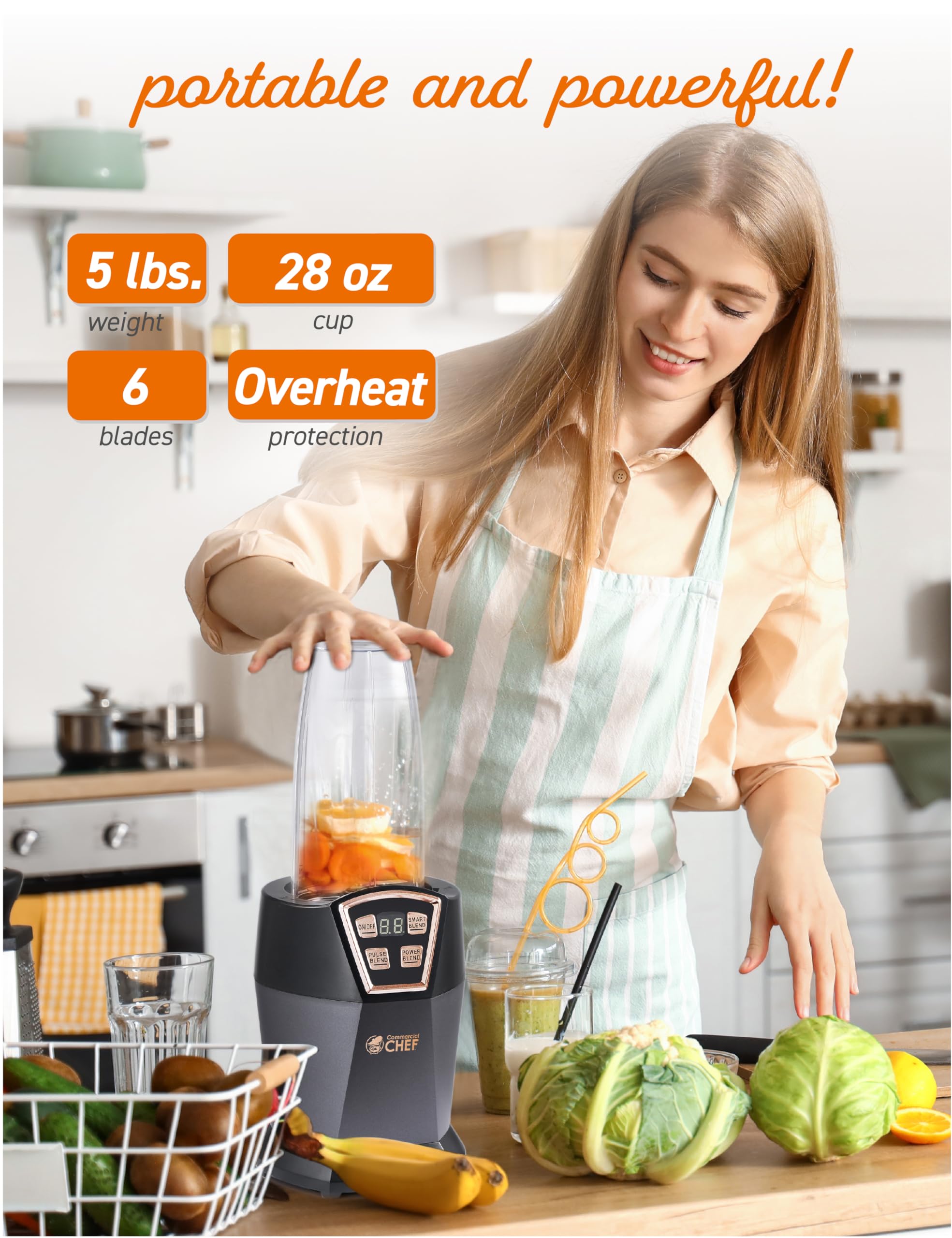 COMMERCIAL CHEF Personal Blender with 3 Modes, Blender for Smoothies, Shakes & More with 6 Stainless Steel Blades, 1000W Small Blender with LED Display