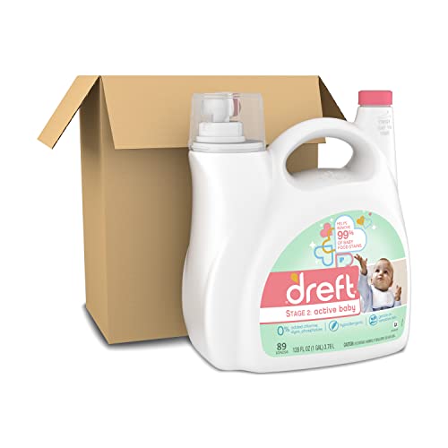 Dreft Stage 2: Active Baby Liquid Laundry Detergent, 89 Loads, 128 Fl Oz, Helps Remove 99% Of Baby Food Stains