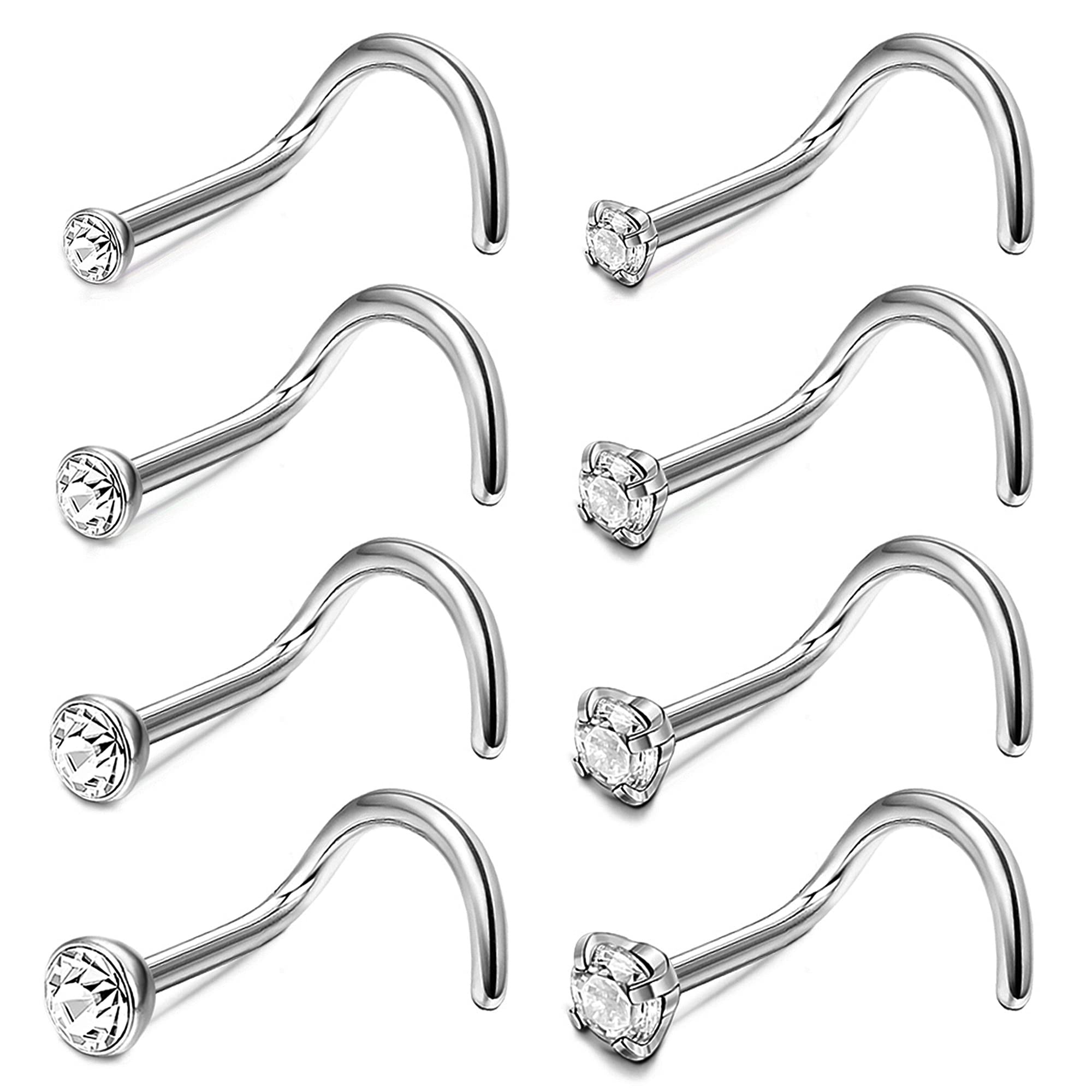 Besteel G23 Titanium 20G Nose Rings Studs for Women Men Clear Diamond CZ Nostril Piercing Jewelry Straight/Screw/L Shaped Nose Studs Set 1.5mm 2mm 2.5mm 3mm 8PCS Screw Shaped