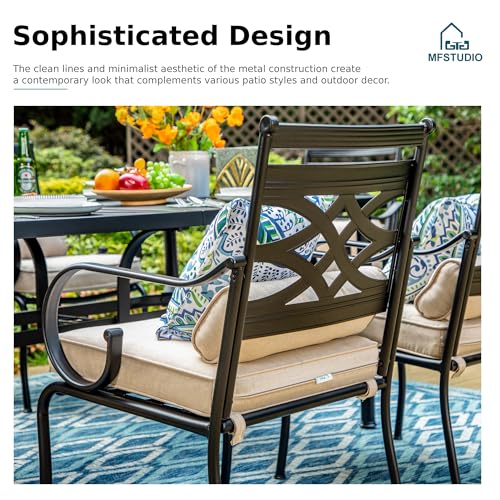 MFSTUDIO 7 Pieces Outdoor Patio Dining Set for 6, Steel Frame Slat Larger Rectangular Fretwork Table with 1.7" Umbrella Hole and 6 Metal Mesh Chairs for Backyard, Garden, Lawn
