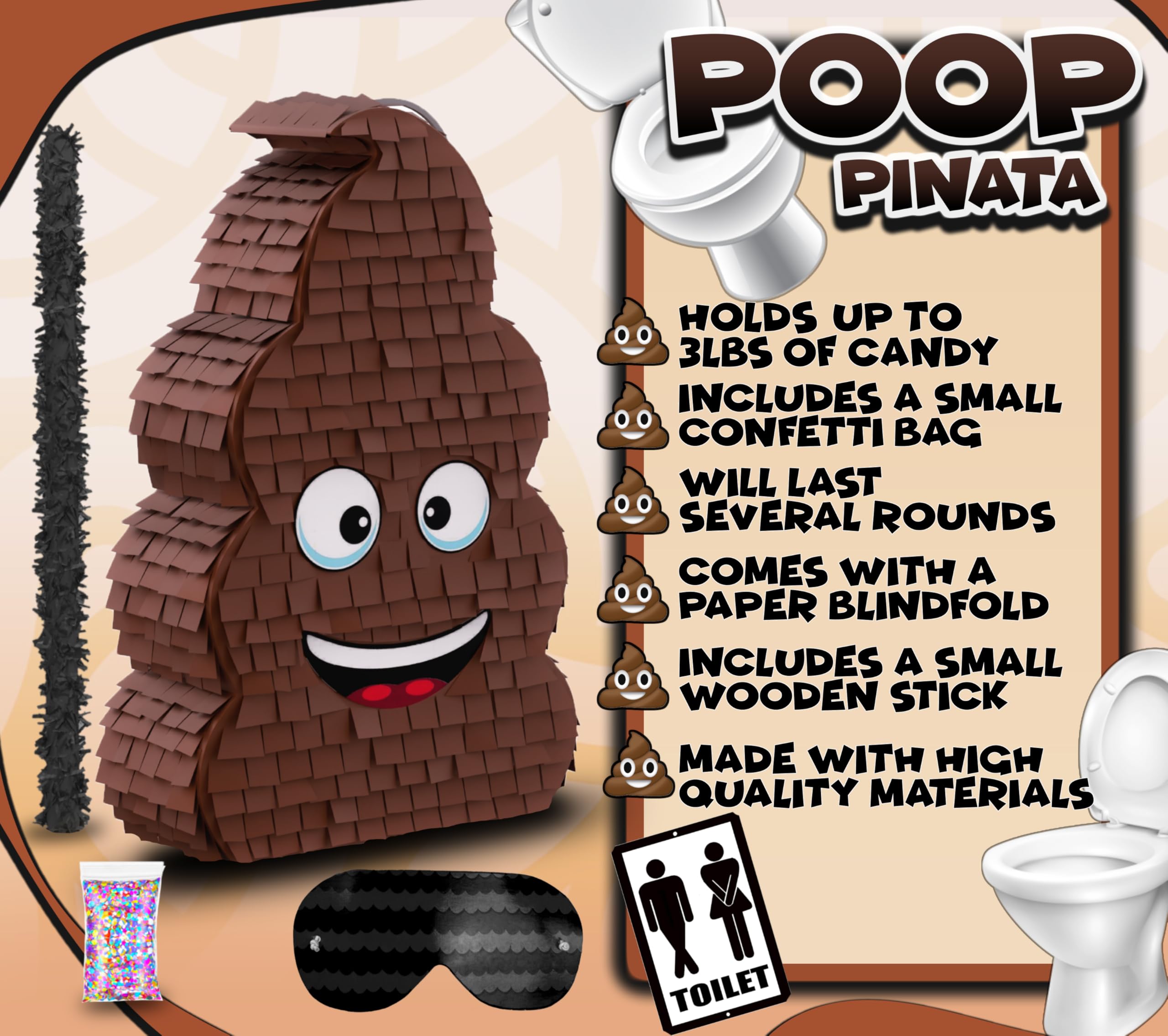 Funny Poop Piñata 4-Piece Set perfect for Birthday Parties, Decorations, Emoticon Parties, Fun shape, Great Party Addition for kids, teens, and adults (17”X10”) durable!