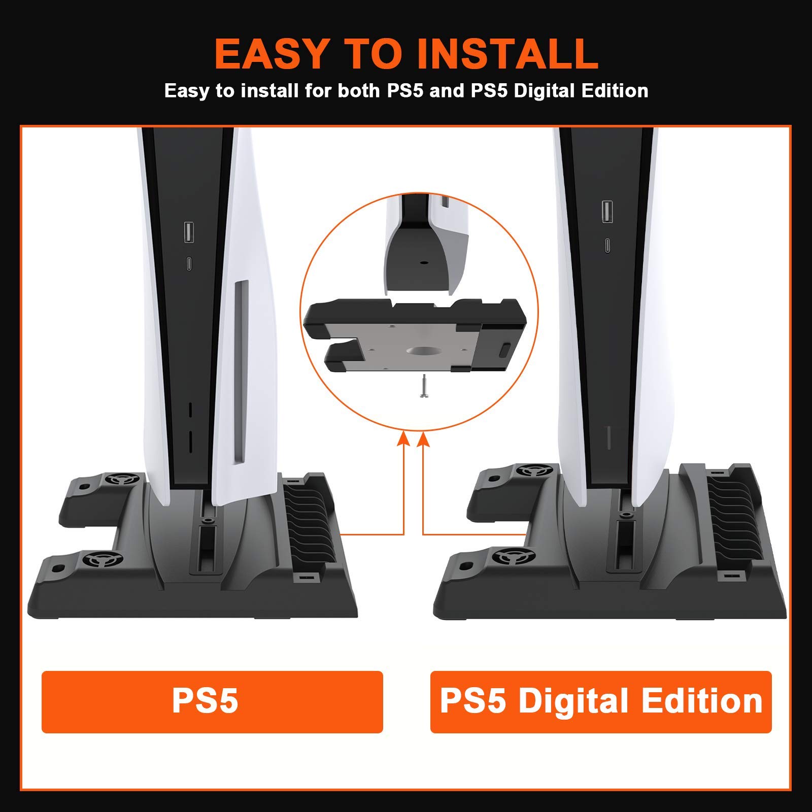 BEJOY Multifunctional Vertical Stand with Dual Cooling Fans for PS5 Console, 3-Level Rotate Fans Speed, Dual Type-C PS5 Charging Station with Gaming Headset Holder, 11 Games Boxes Storage, Black
