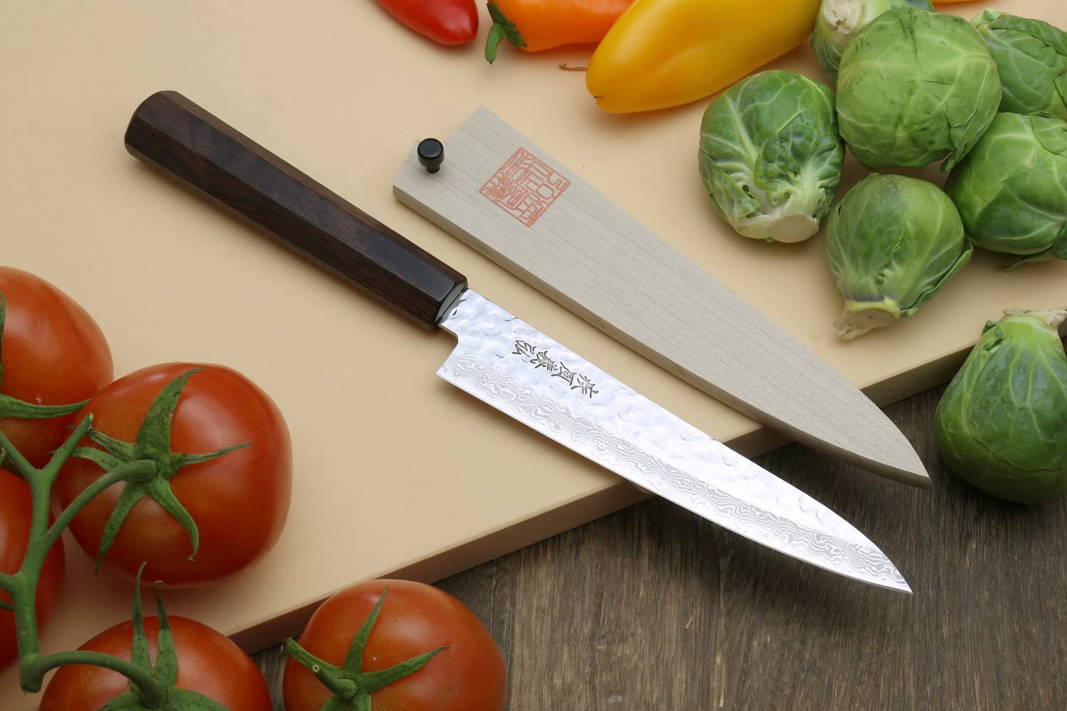 Yoshihiro 46 Layers Hammered Damascus Gyuto Chef Knife and Petty Utility Knife SET (Gyuto 8.25'' (210mm) & Petty 6'' (150mm), Rosewood Handle)