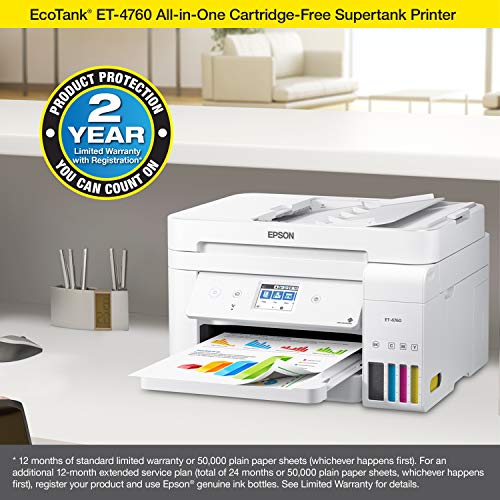 Epson EcoTank ET-4760 Wireless Color All-in-One Cartridge-Free Supertank Printer with Scanner, Copier, Fax, ADF and Ethernet - White