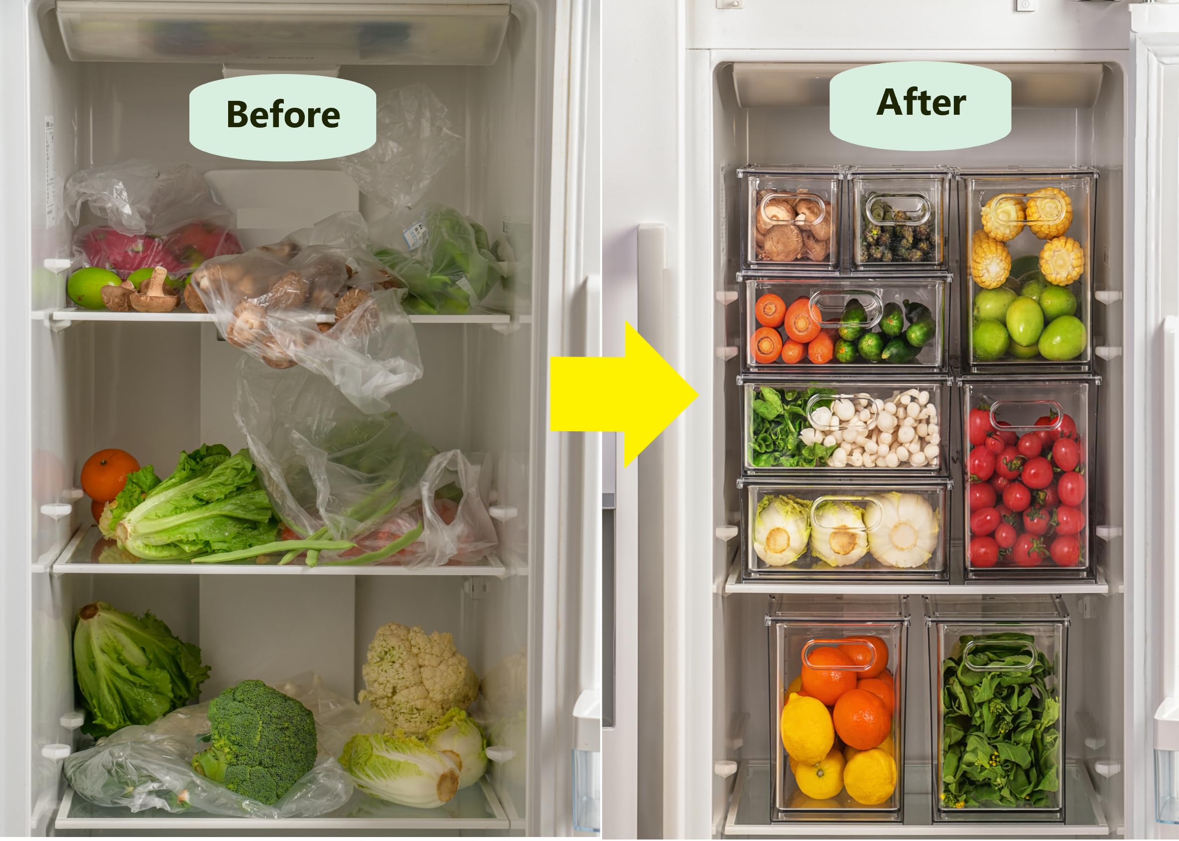 YouLike 2pack Clear Pull-Out Bin Stackable Refrigerator Organizer Drawer Plastic Cabinets Pantry Storage Containers for Bedrooms Home Office Closet & Shoe Organization(13.5”x8.5”x4.5”)