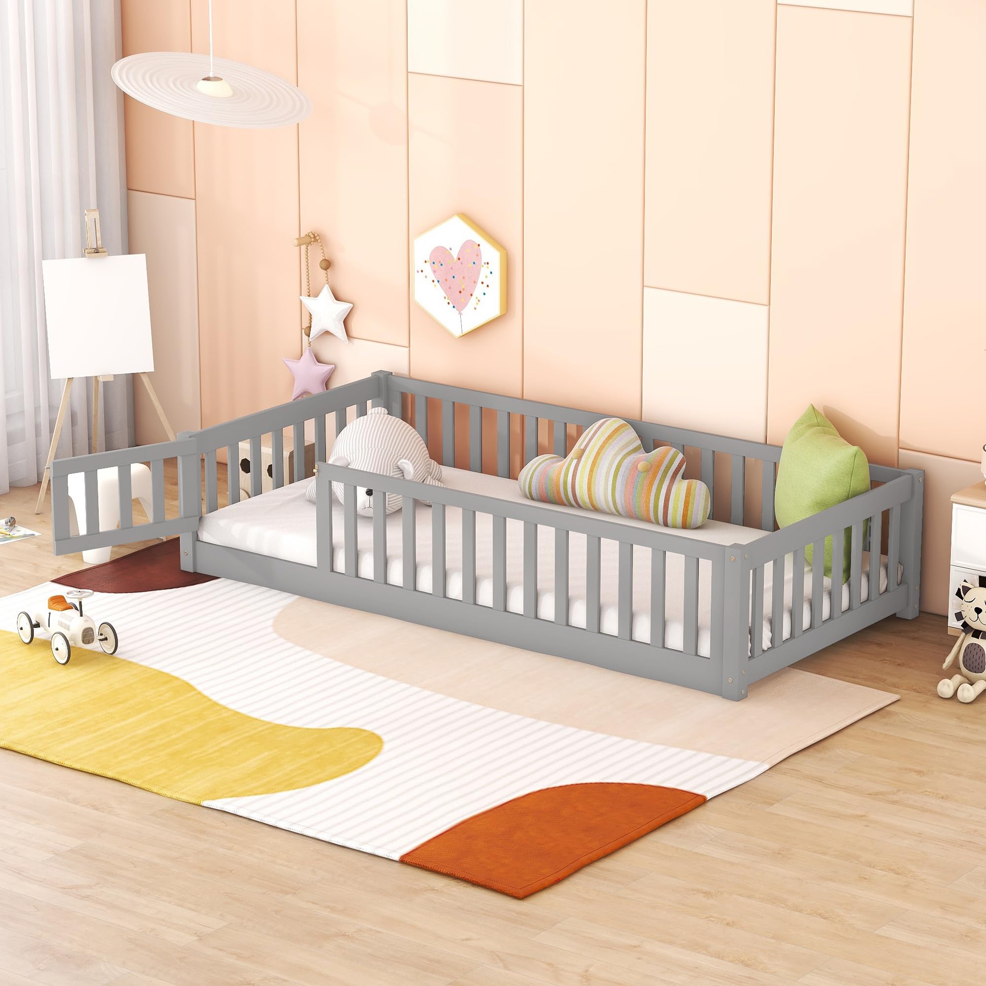 Twin Size Floor Bed for Kids, Montessori Floor Bed Frame with Rails and Door, Wooden Floor Twin Platform Bed for Kids, Boys Girls, Slats Included, No Box Spring Needed (Twin, Gray)