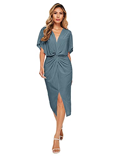 Floerns Women's Short Sleeve V Neck Twist Front Split Midi Dress Dusty Blue L