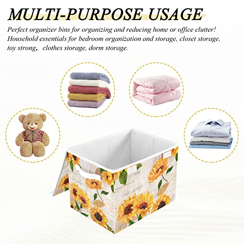 Decorative Storage Bins for Closet, Sunflower Retro Pattern Collapsible Storage Baskets with Lids and Handles for Shelves Closet Home Decor