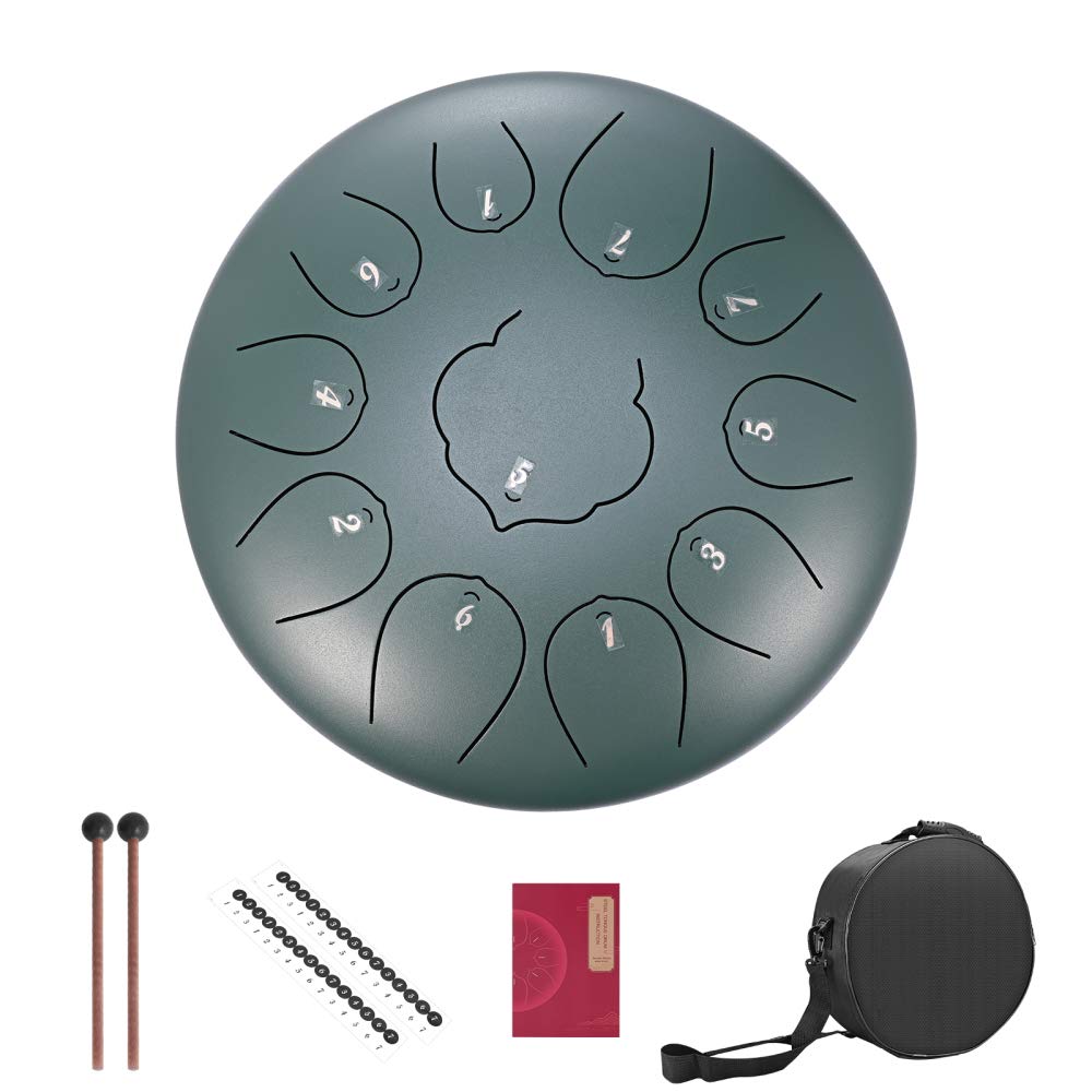 Tongue Drum, 12 Inch 11Notes Steel Tongue Drum Percussion instrument with Drum Mallets Carry Bag, 2 Drumsticks And Textbook (Green)