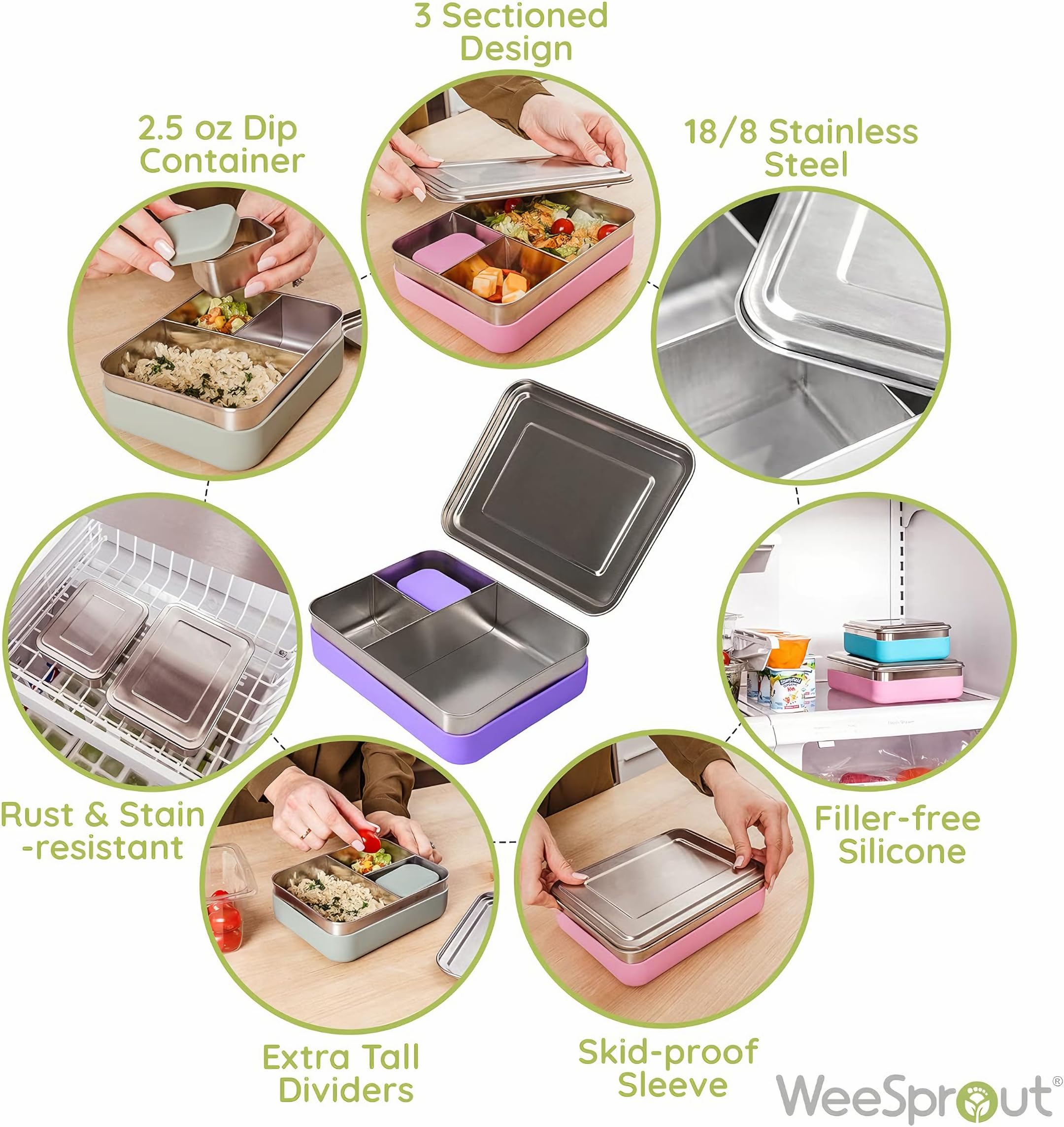 WeeSprout 18/8 Stainless Steel Bento Box (Large) - 3 Compartment Metal Lunch Box, Skid-proof Silicone, for Kids & Adults, Bonus Dip Container, Fits in Lunch & Work Bags, Dishwasher & Freezer Friendly