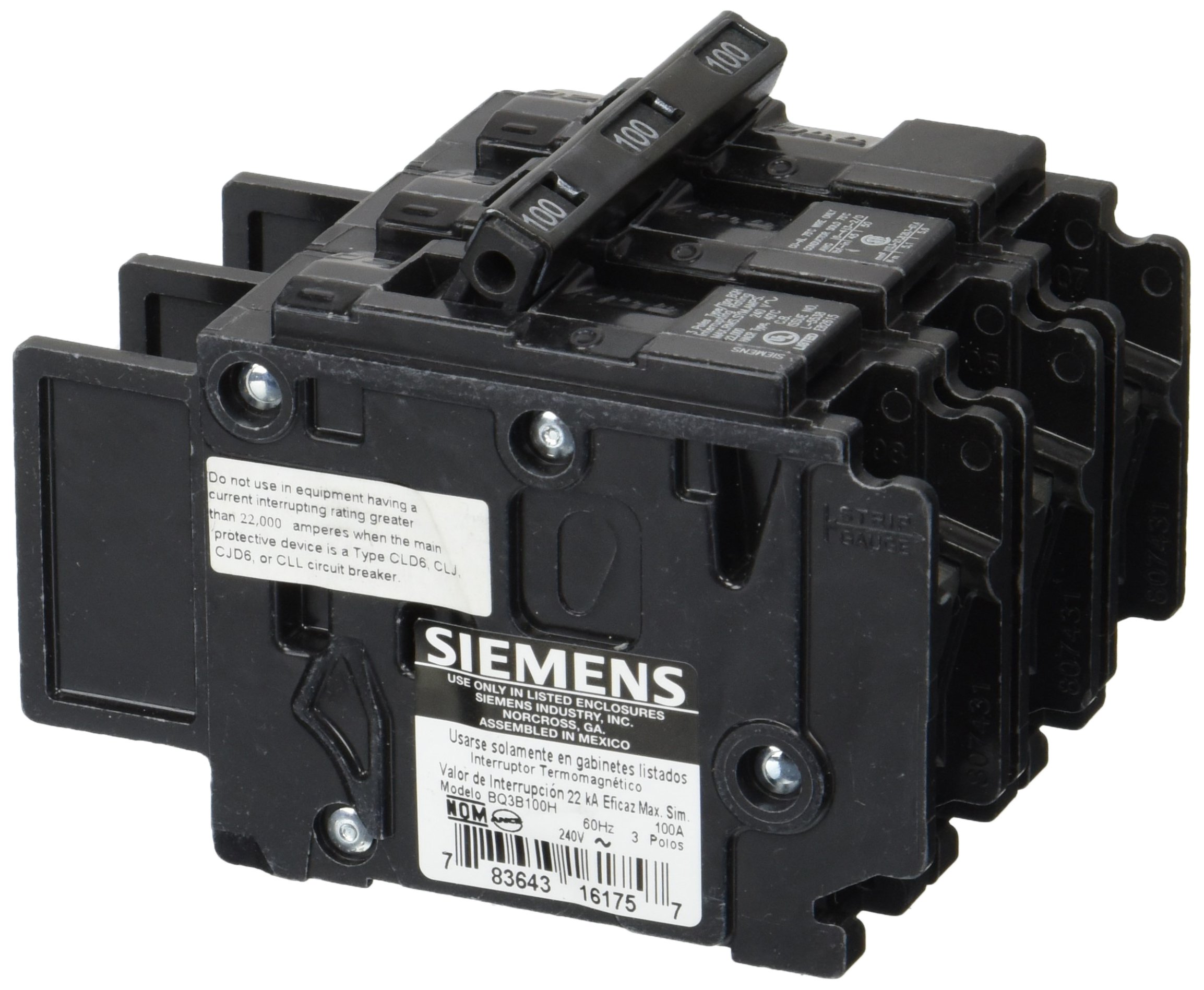 Siemens BQ3B100H 100-Amp Three Pole 240-Volt 22KAIC Lug In/Lug Out Breaker