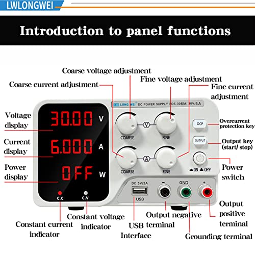DC Power Supply Variable,30V 6A 180W Adjustable Switching Regulated DC Bench Power Supply with 4-Digits LED Power Display 5V/2A USB Output, Coarse and Fine Adjustments White