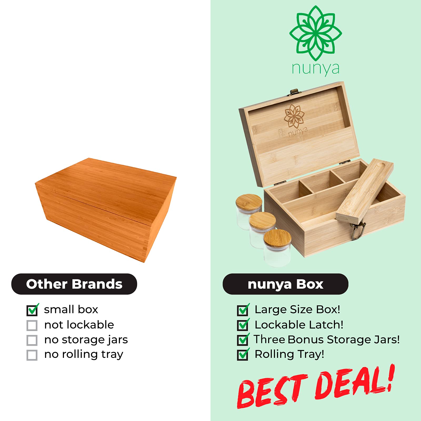 Improved. Nunya Large Storage Box for Herbs with Accessories, a Storage Container with Accessories, 5 pc kit w/ 3 Glass Jars and Rolling Tray