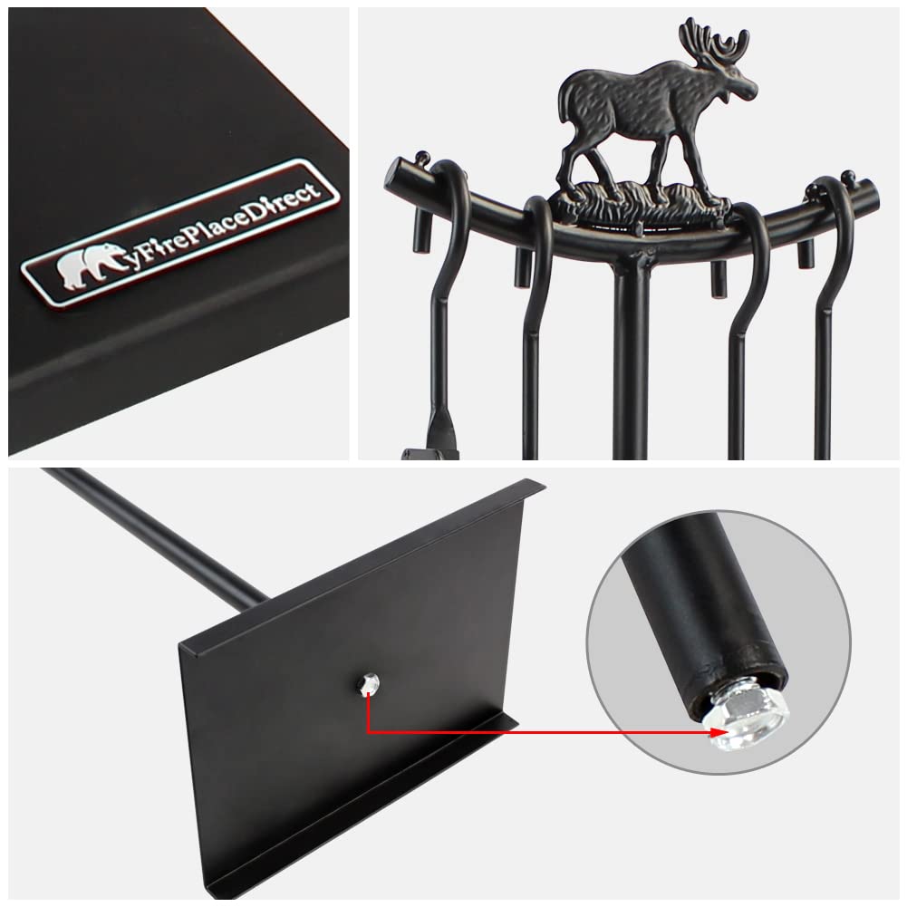 MYFIREPLACEDIRECT 5 Pieces Fireplace Tools Sets Strength Wrought Iron Indoor Outdoor Fire Place Toolset Hearth Accessories Kit (Black Squirrel w/Gloves)