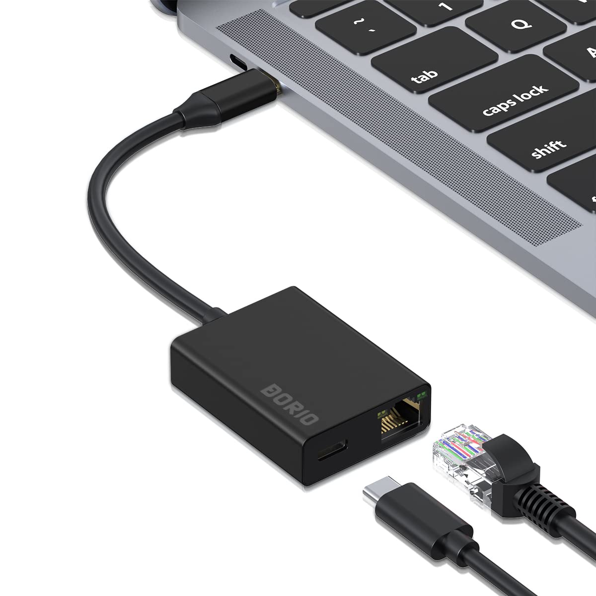 BORIO USB C to Ethernet Adapter + Charge (60W Passthrough Power for Connected Devices, 1000 Mbps Ethernet Speeds),Compatible for Nintendo Switch,MacBook Pro, MacBook Air, Dell XPS and More