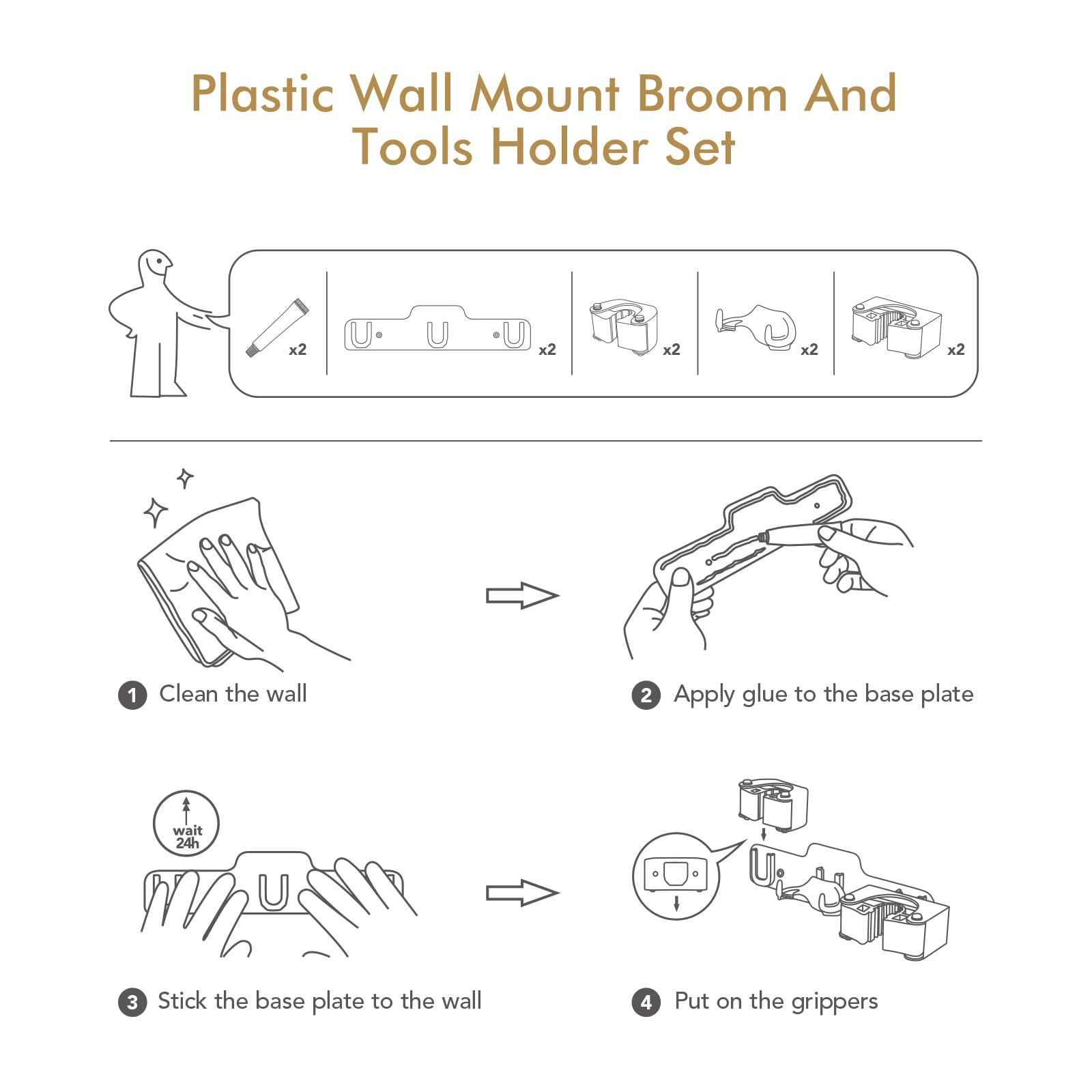 DrDirt Plastic Broom Holder Wall Mount Set,Tool Organizer Broom Holder for Home Kitchen Bathroom Laundry Room Closet Garden Garage, Gray