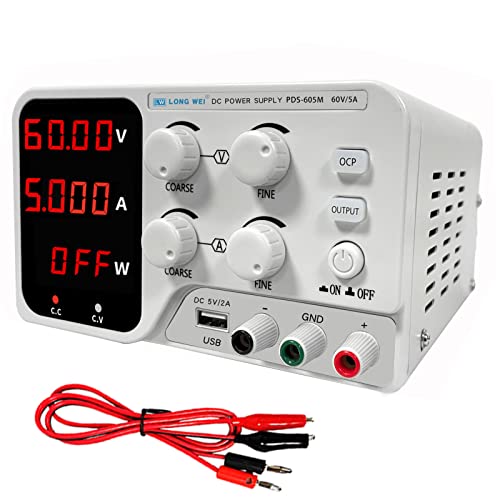 DC Power Supply Variable,60V 5A 300W Adjustable Switching Regulated, DC Bench Power Supply with 4-Digits LED Power Display 5V/2A USB Output, Coarse and Fine Adjustments White